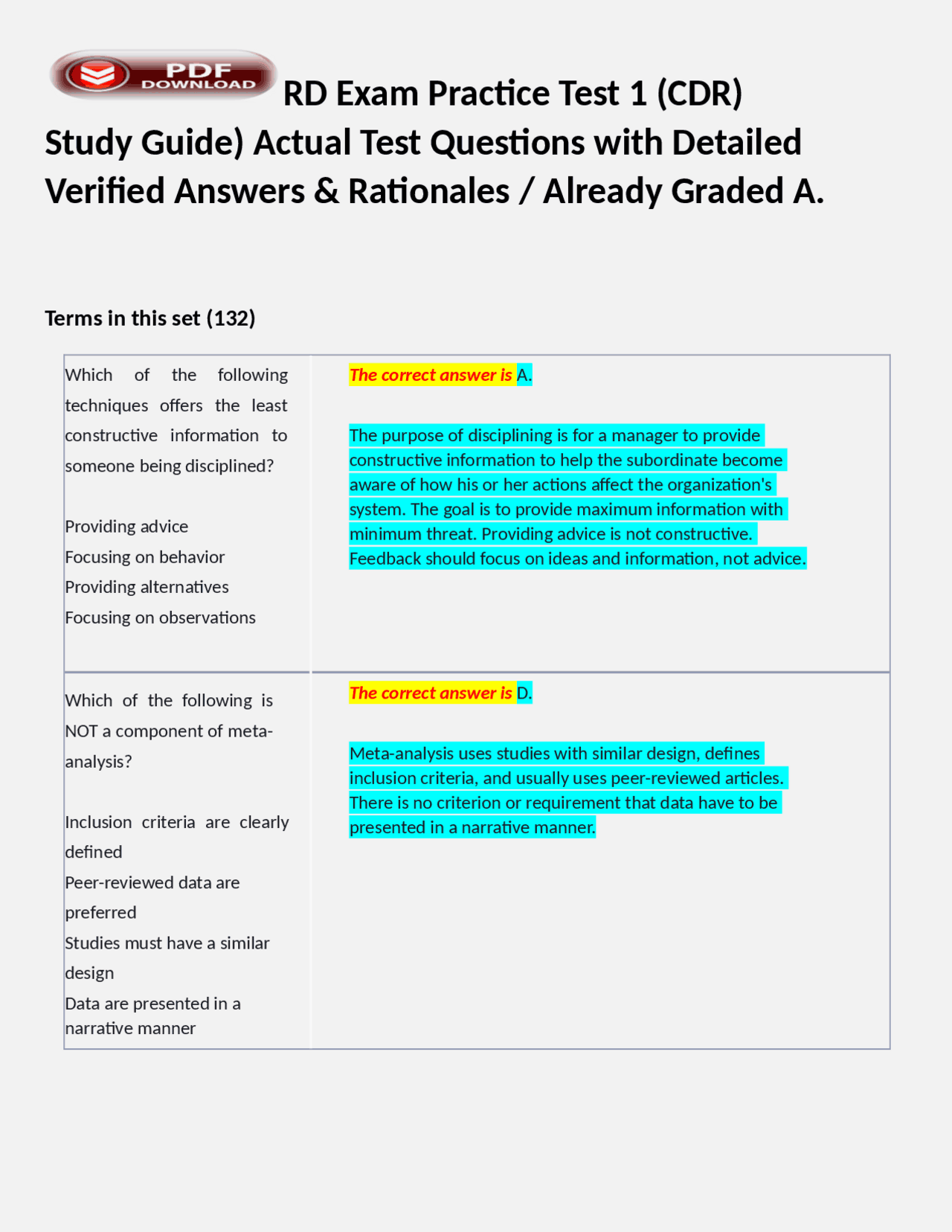 RD Exam Practice Test 1 (CDR) Study Guide) Actual Test Questions with ...