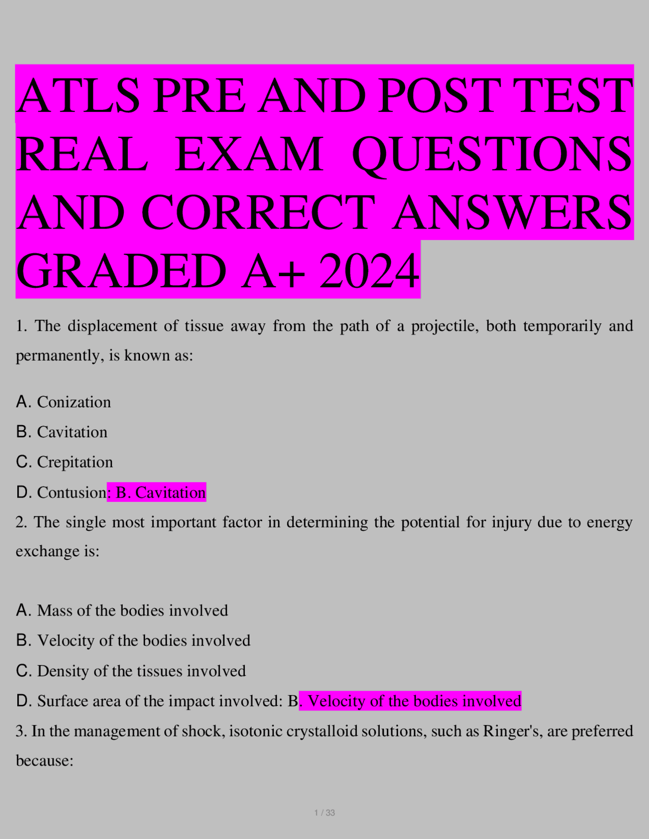 ATLS Pre and Post Test: Real Exam Questions and Correct Answers | Exams ...