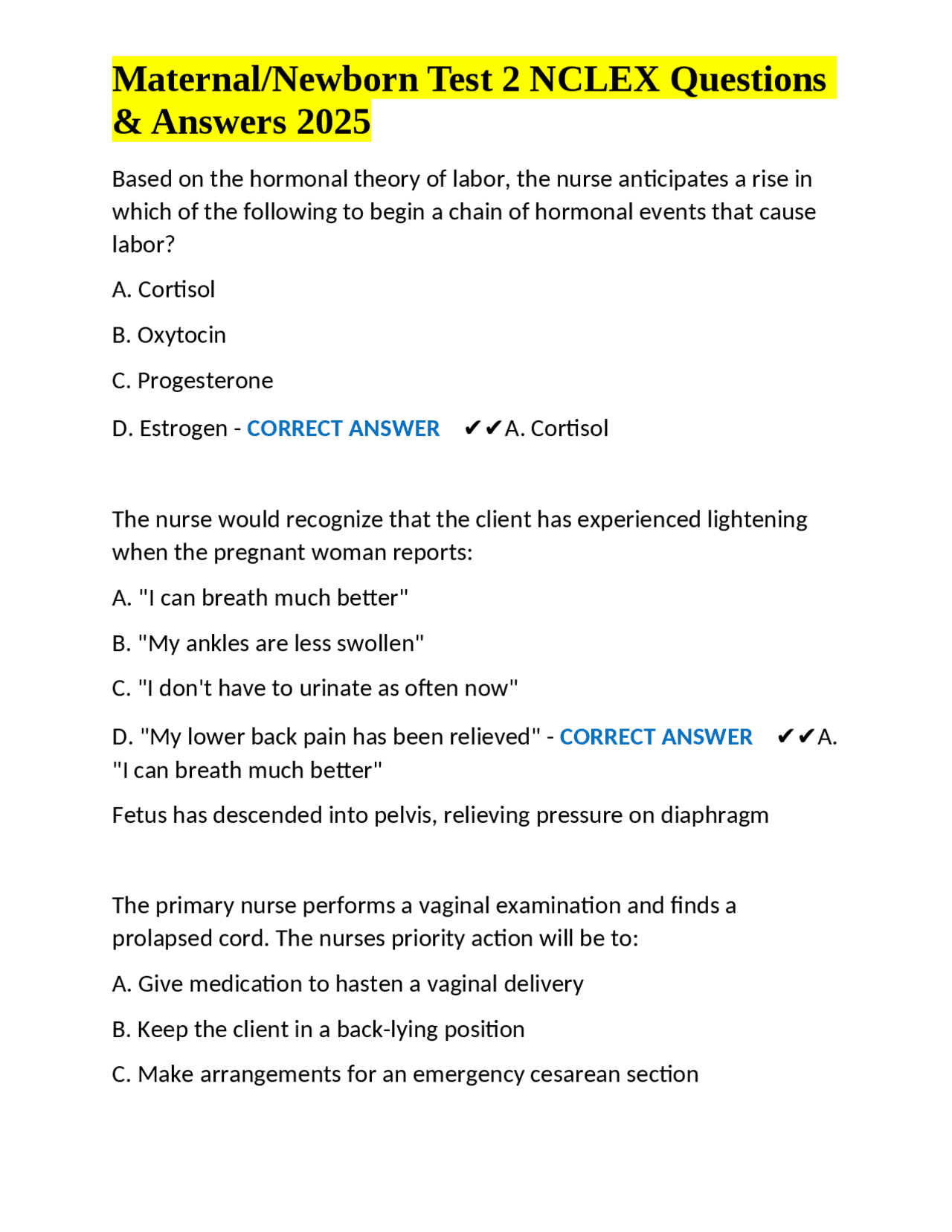 Maternal and Newborn Care: NCLEX Practice Questions and Answers | Exams ...