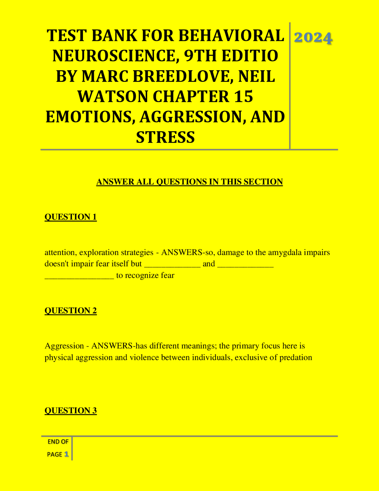 TEST BANK FOR BEHAVIORAL NEUROSCIENCE, 9TH EDITIO BY MARC BREEDLOVE ...