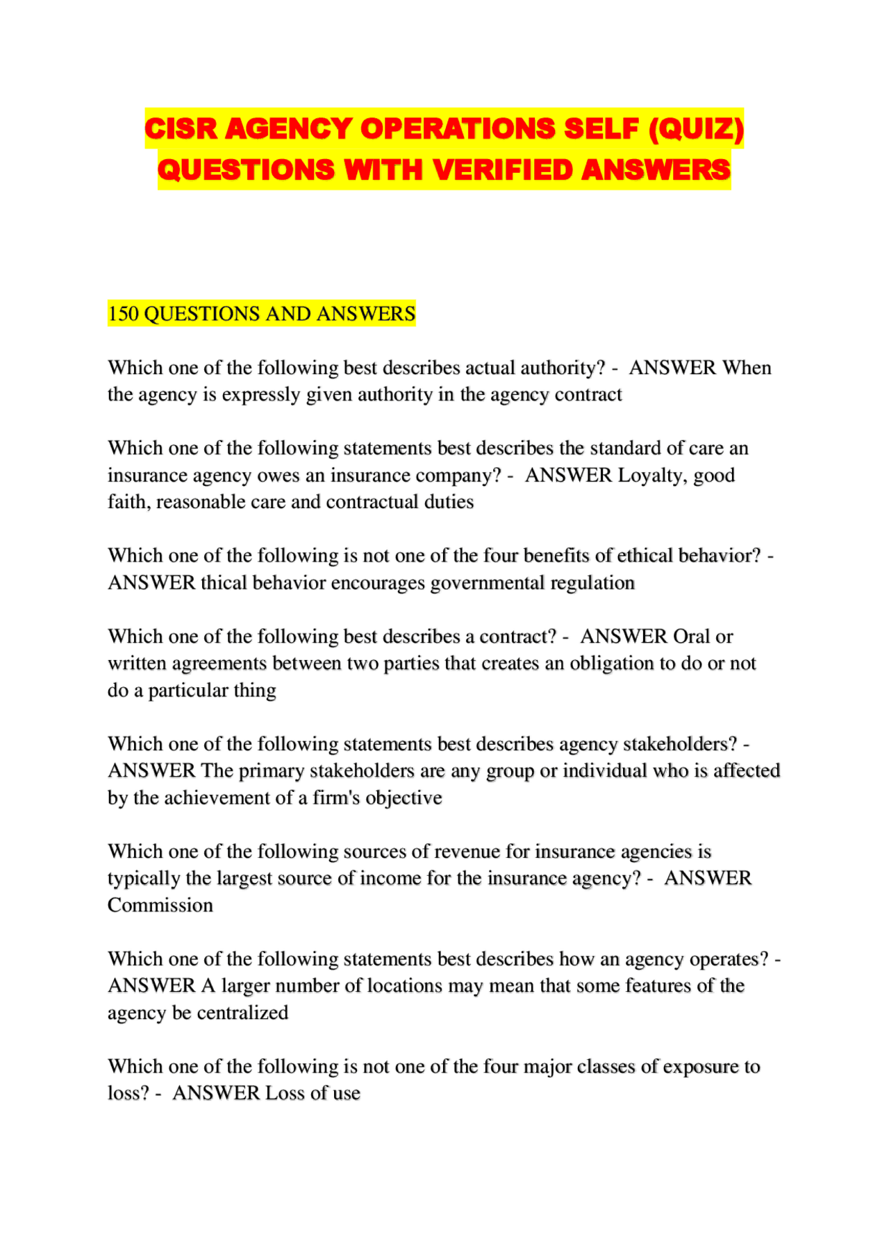 CISR Agency Operations Self-Quiz: 150 Questions and Answers | Exams ...
