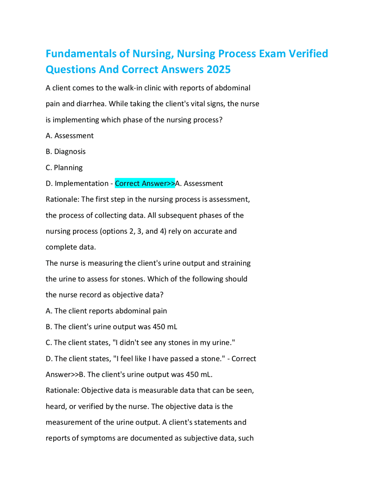 Fundamentals of Nursing, Nursing Process Exam Verified Questions And Correct Answers 2025 ...