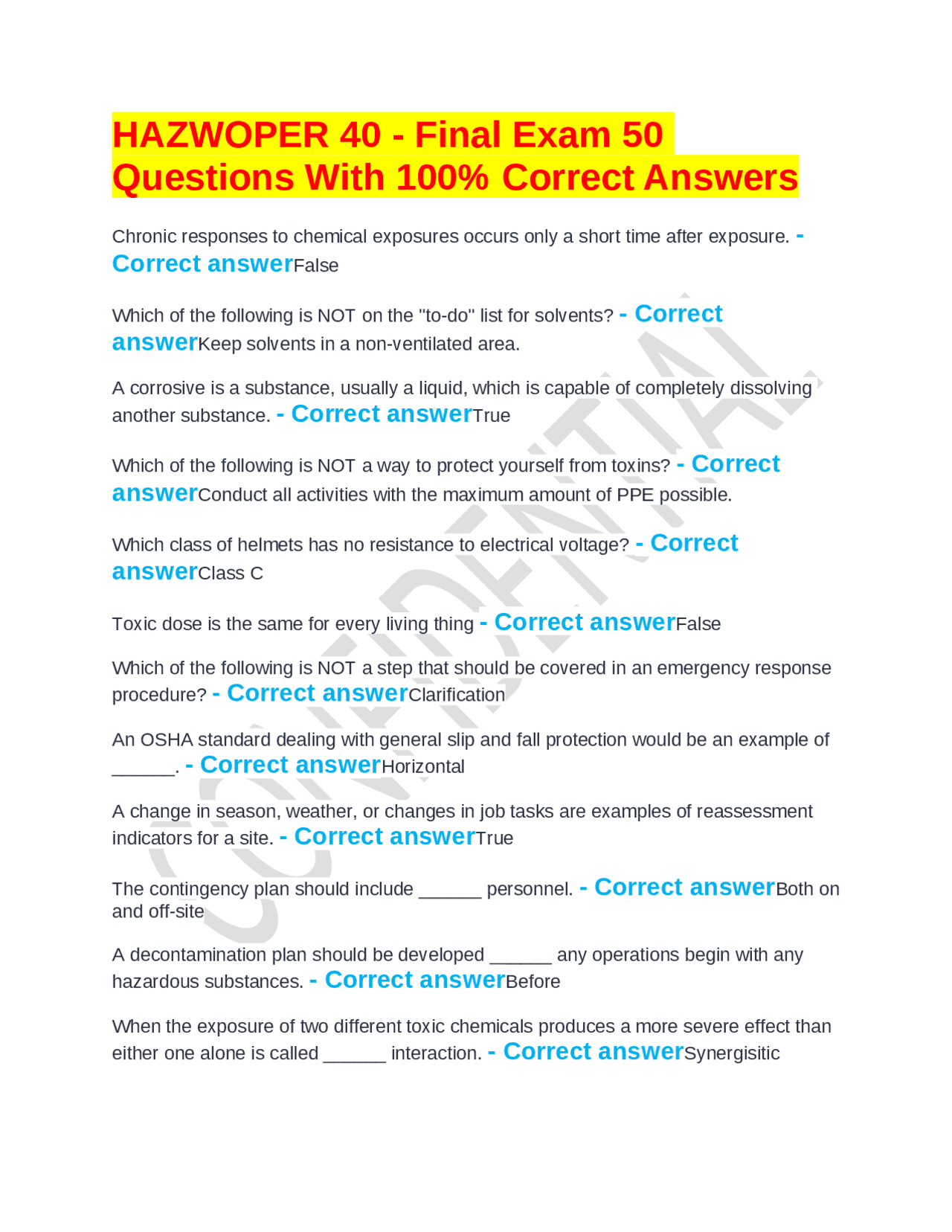 HAZWOPER 40 - Final Exam 50 Questions With 100% Correct Answers | Exams ...