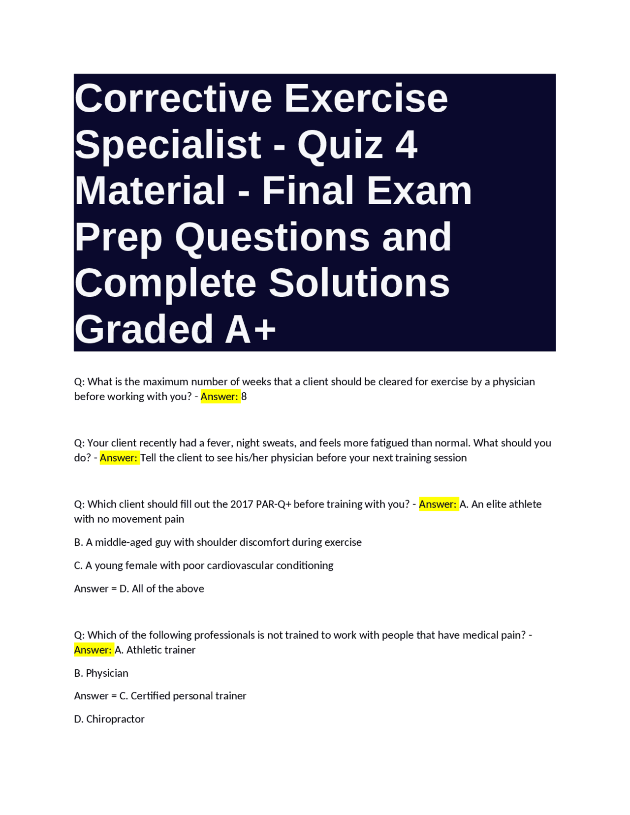Corrective Exercise Specialist - Quiz 4 Material - Final Exam Prep ...