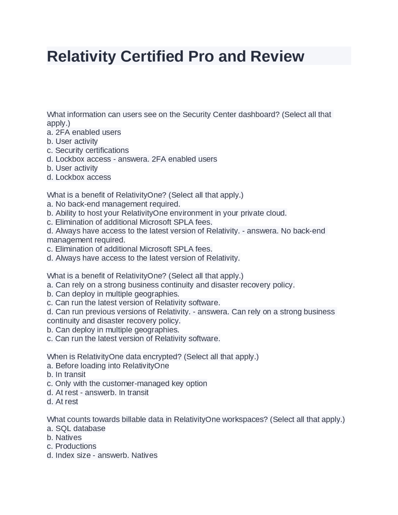 RelativityOne Certified Pro and Review: Multiple Choice Questions and ...