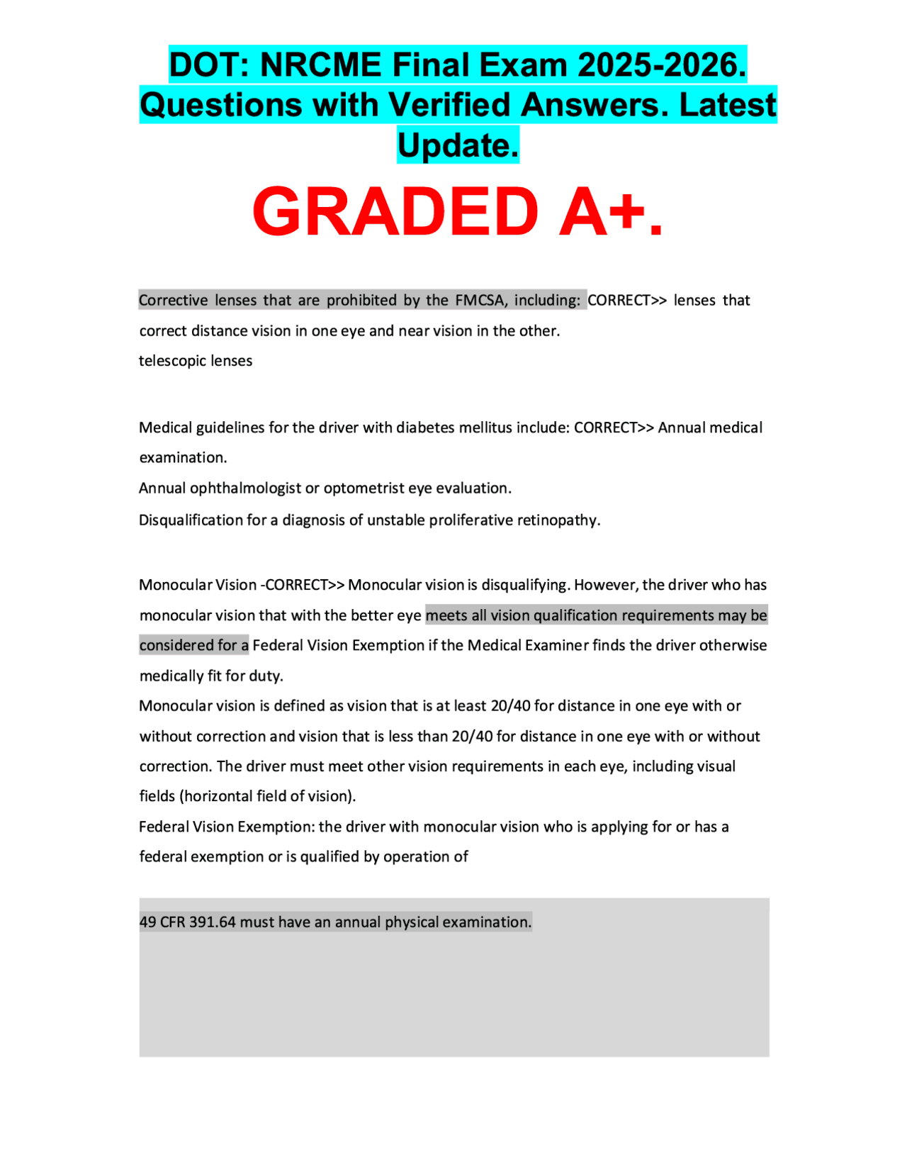 DOT: NRCME Final Exam 2025-2026. Questions with Verified Answers ...