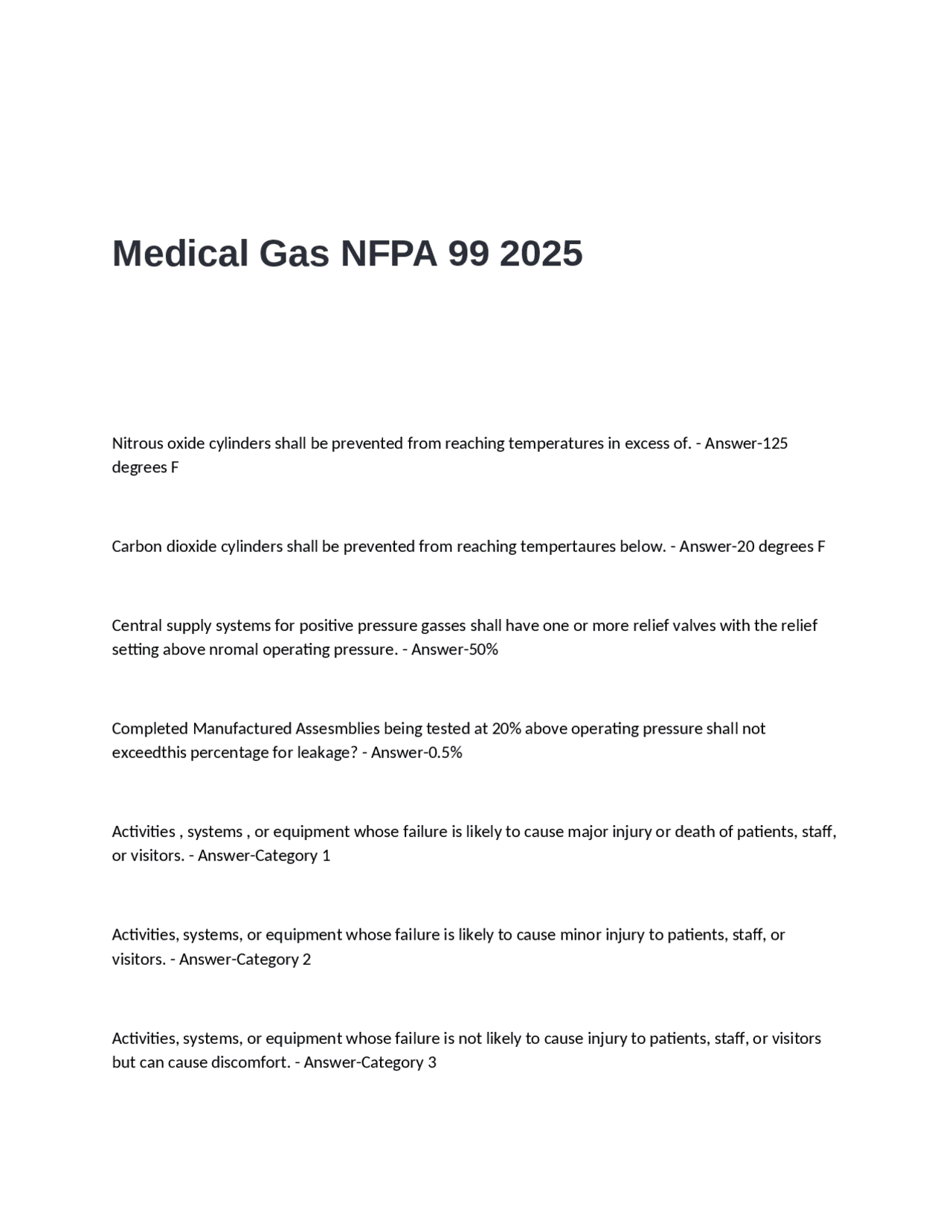 Medical Gas Systems: NFPA 99 2025 - Questions and Answers | Exams Nursing | Docsity