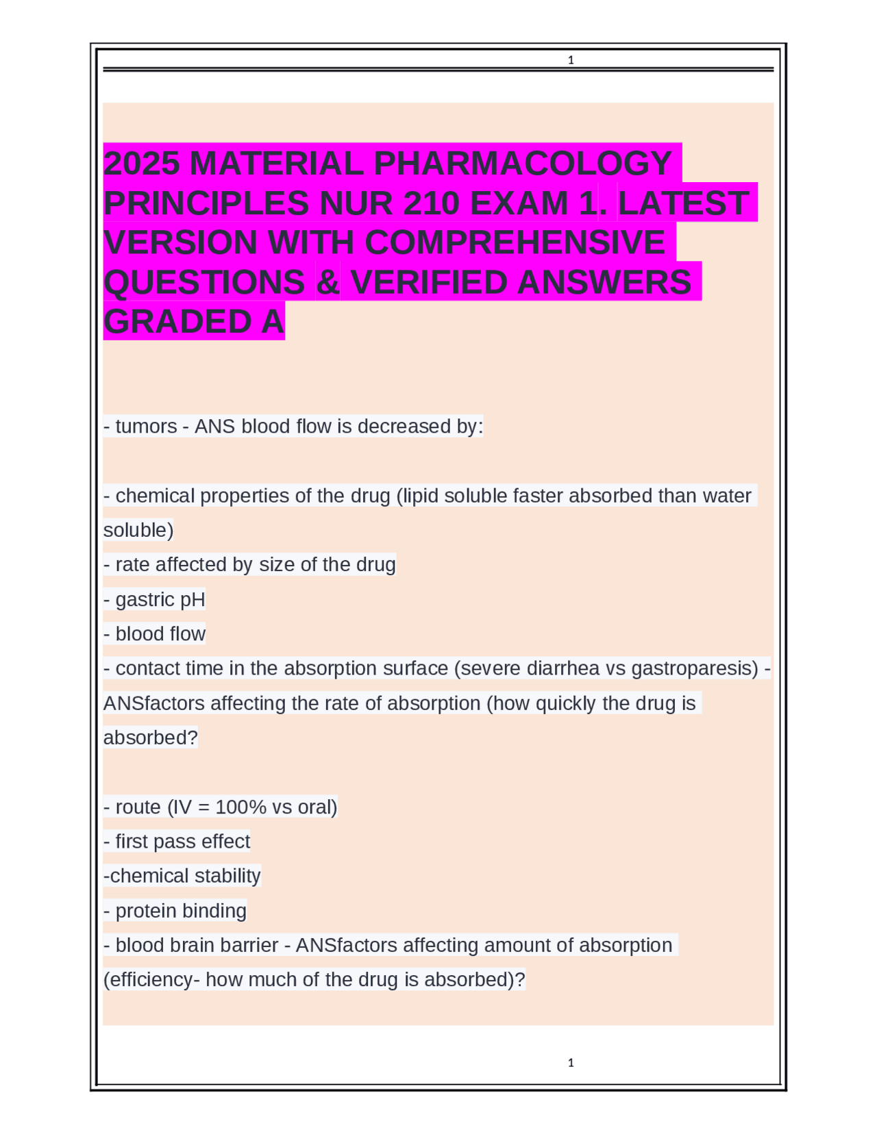 2025 MATERIAL PHARMACOLOGY PRINCIPLES NUR 210 EXAM 1. LATEST VERSION ...