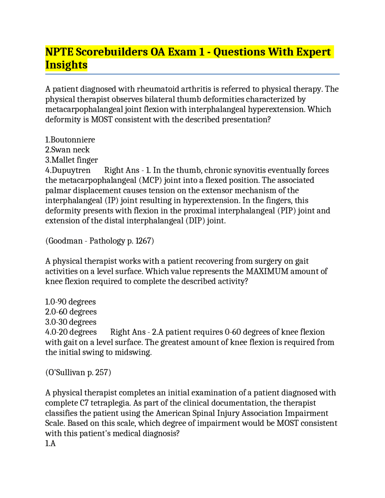 NPTE Scorebuilders OA Exam 1 - Questions With Expert Insights | Exams ...