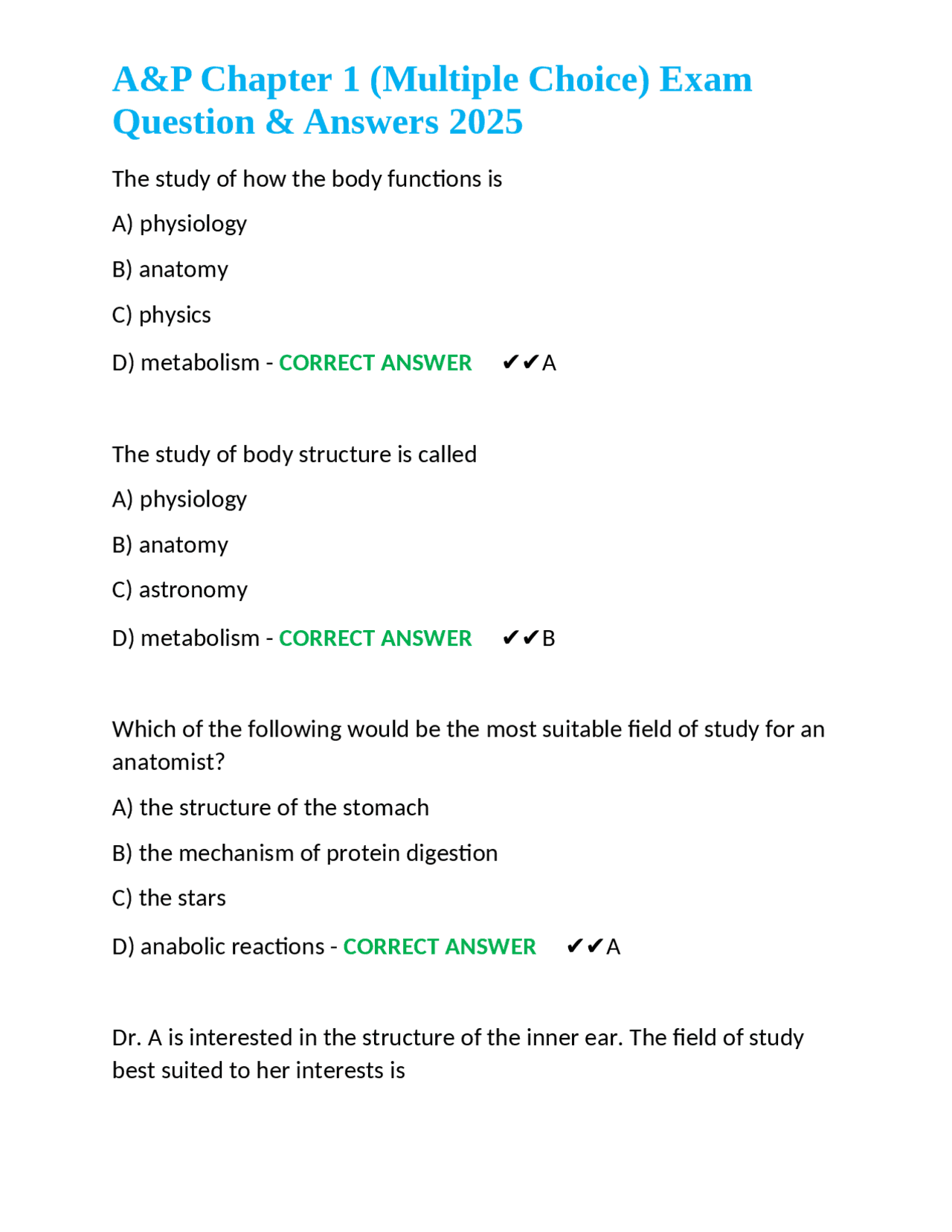 Anatomy and Physiology Chapter 1 Multiple Choice Exam Questions and ...