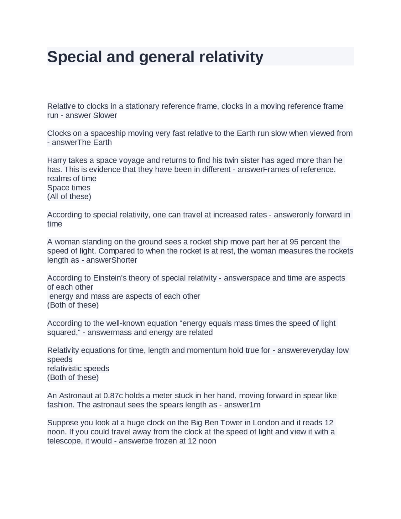 Special and general relativity Questions with Accurate Answers | Exams ...