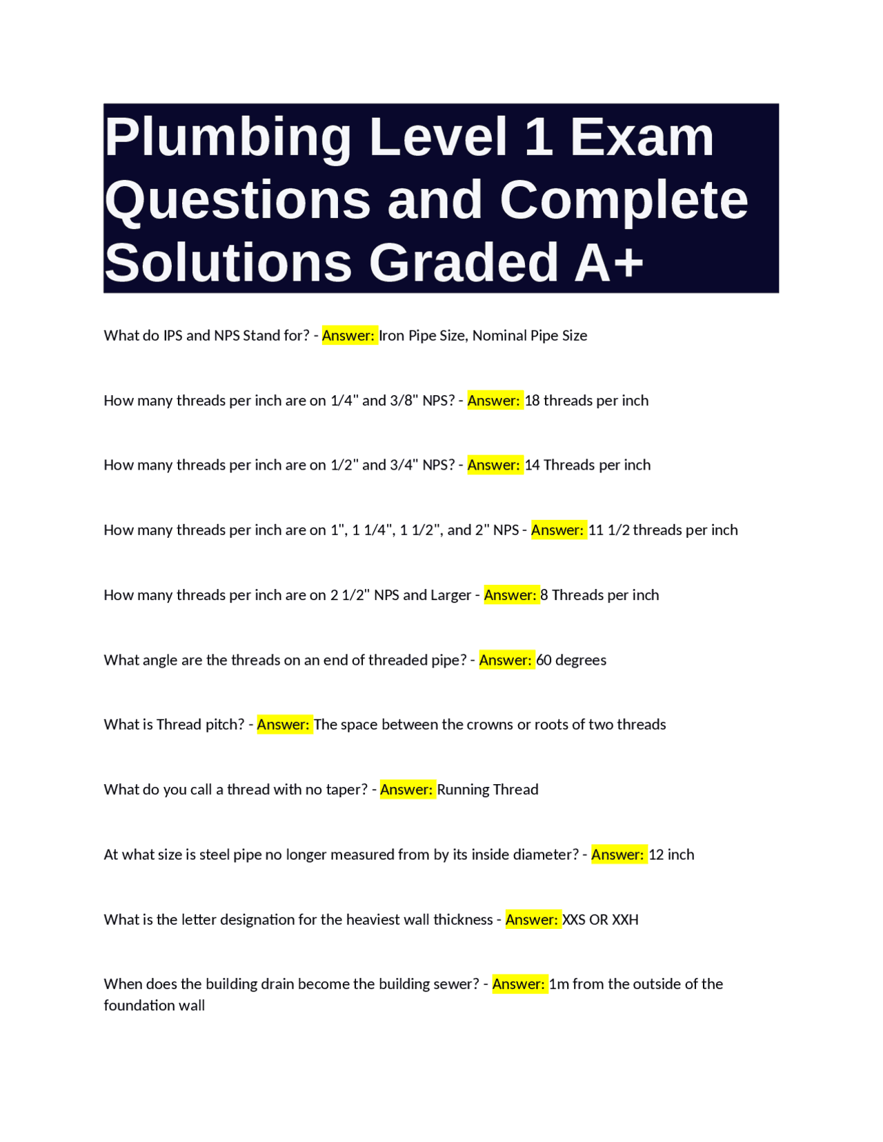 Plumbing Level 1 Exam Questions and Complete Solutions Graded A+ ...