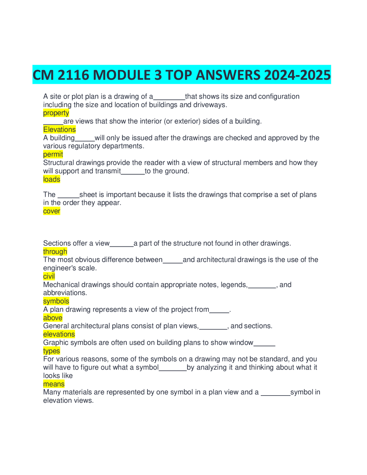 CM 2116 MODULE 3 TOP ANSWERS 2024-2025 A site or plot plan is a drawing ...