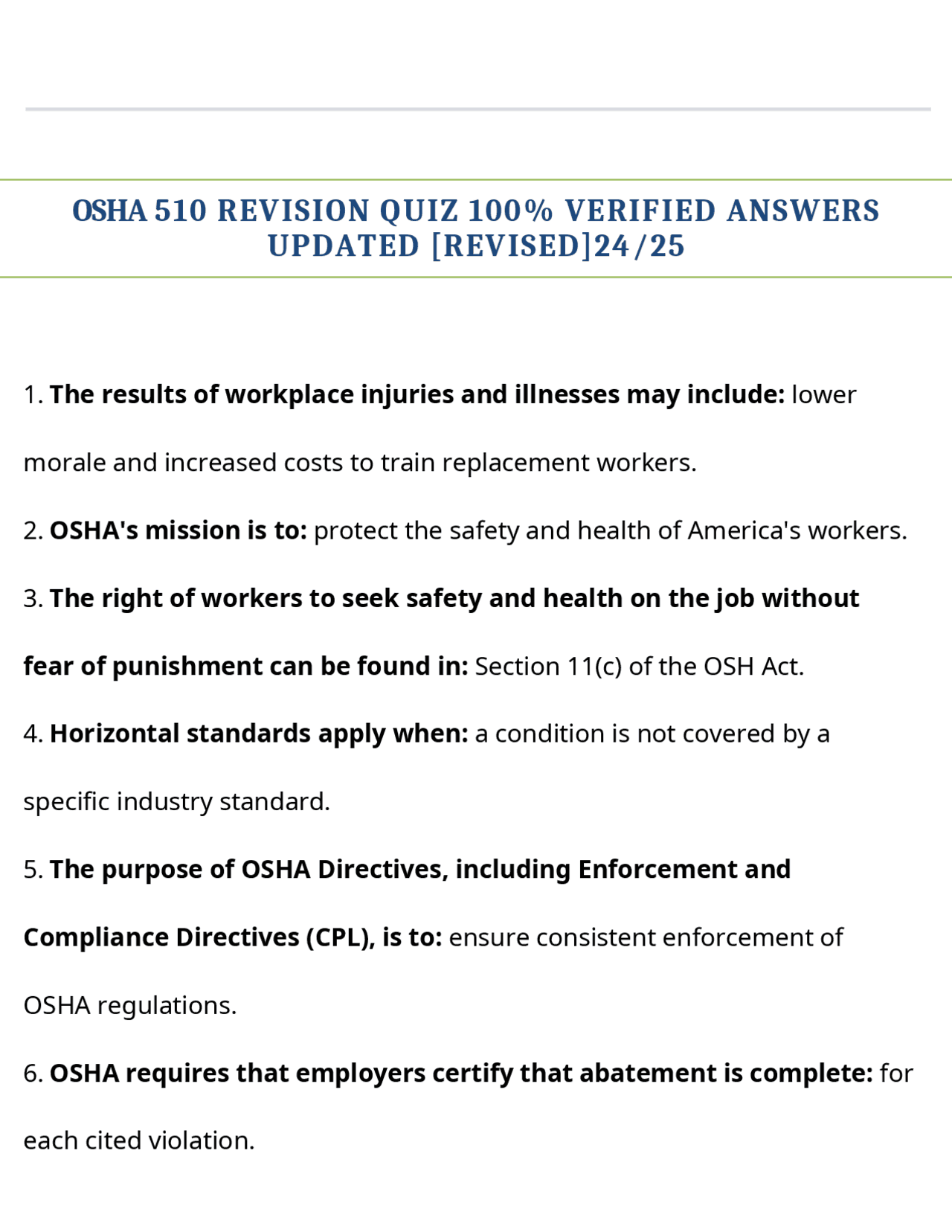 OSHA 510 REVISION QUIZ 100% VERIFIED ANSWERS UPDATED [REVISED]24/25 ...