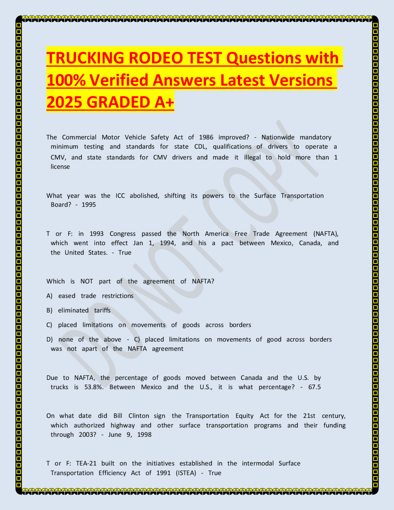 TRUCKING RODEO TEST Questions with 100% Verified Answers Latest ...