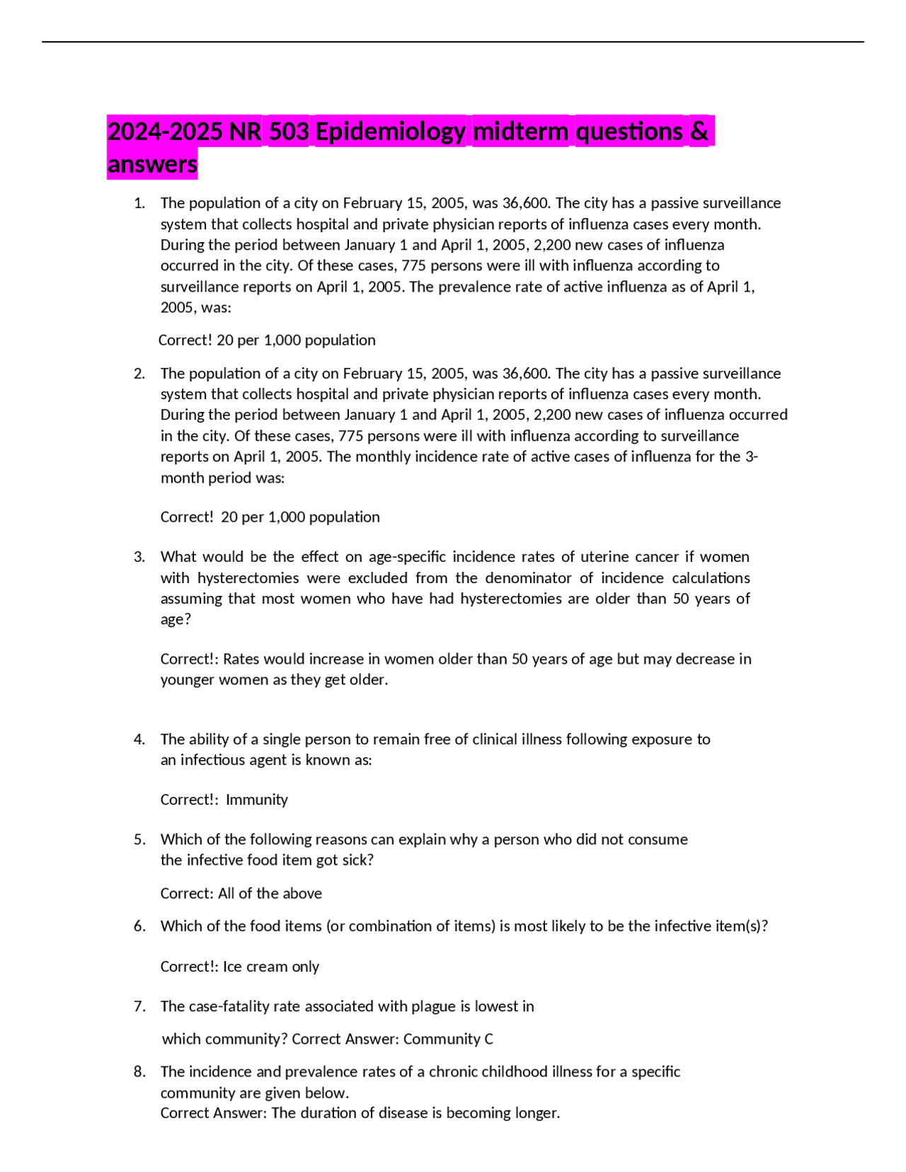 2024-2025 NR 503 Epidemiology midterm questions & answers | Exams Nursing | Docsity