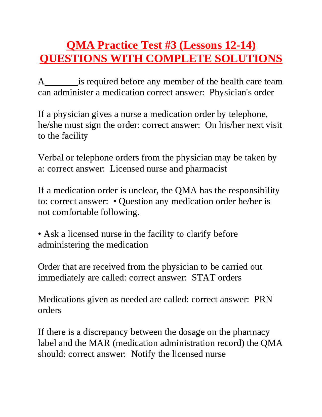 QMA Practice Test #3 (Lessons 12-14) QUESTIONS WITH COMPLETE SOLUTIONS ...