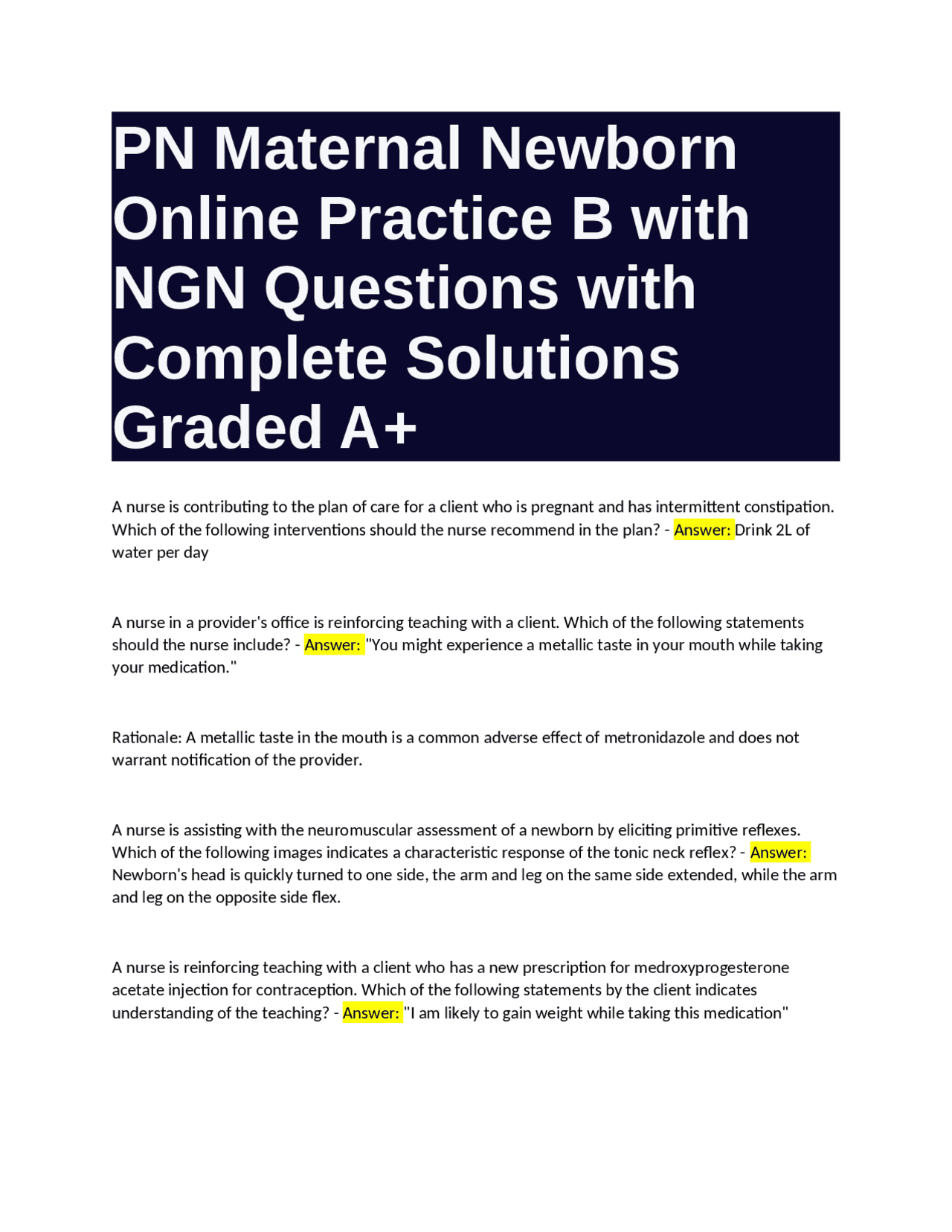 PN Maternal Newborn Online Practice B with NGN Questions with Complete ...