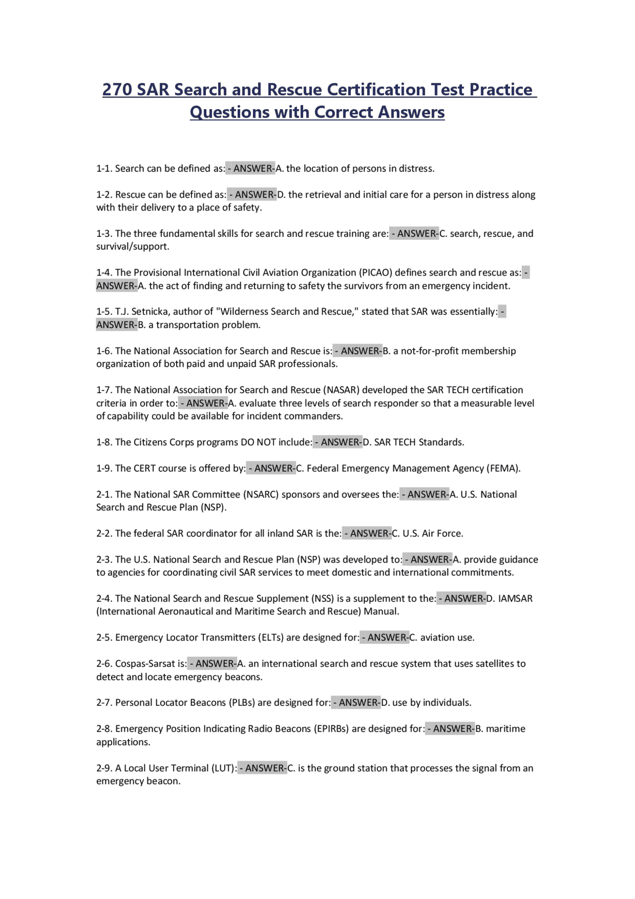 270 SAR Search and Rescue Certification Test Practice Questions with ...