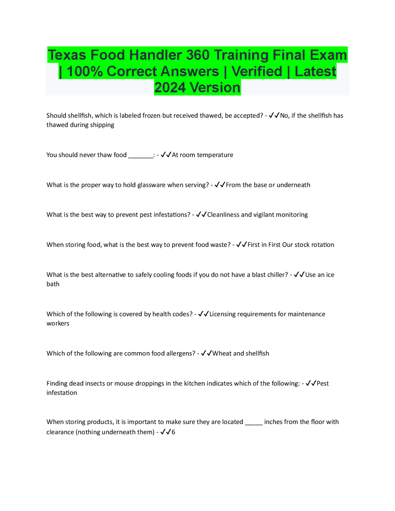 Texas Food Handler 360 Training Final Exam: Verified Answers (2024 ...
