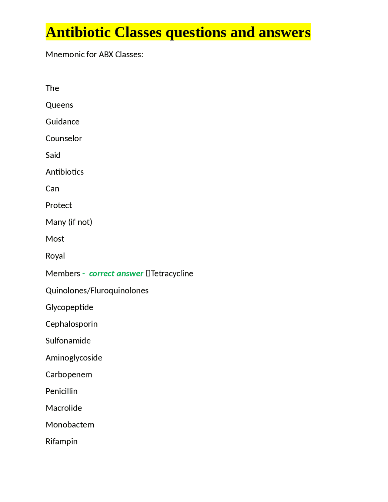 Antibiotic Classes questions and answers | Exams Nursing | Docsity