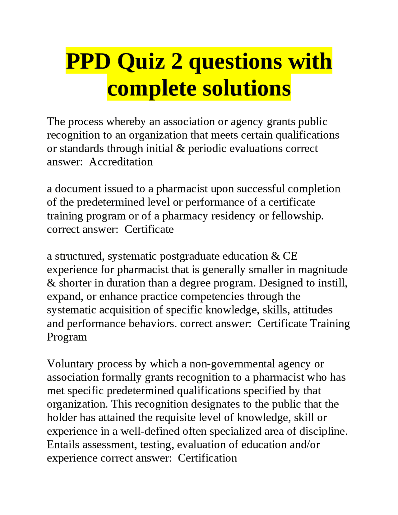 PPD Quiz 2 questions with complete solutions | Exams Nursing | Docsity