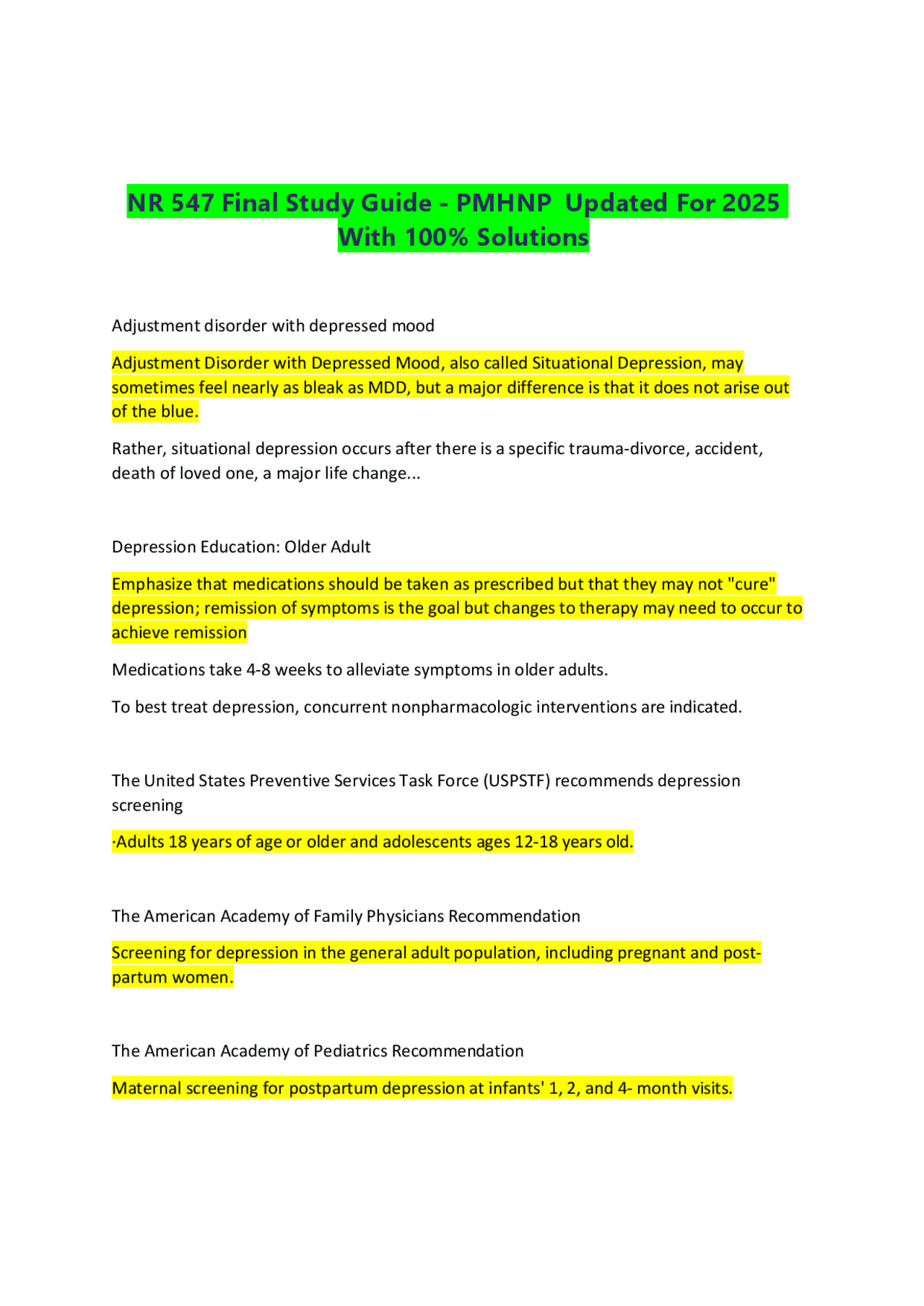 NR 547 Final Study Guide - PMHNP Updated For 2025 With 100% Solutions ...