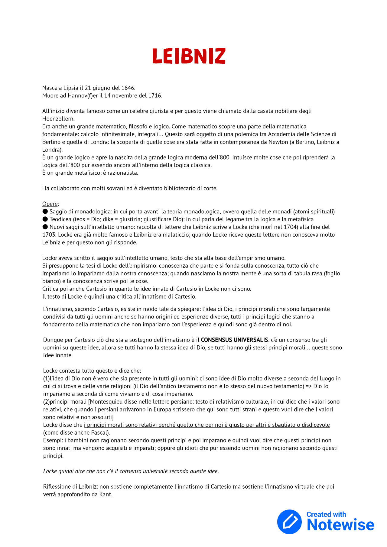 G.W. von Leibniz, filosofia | Lecture notes Philosophy | Docsity