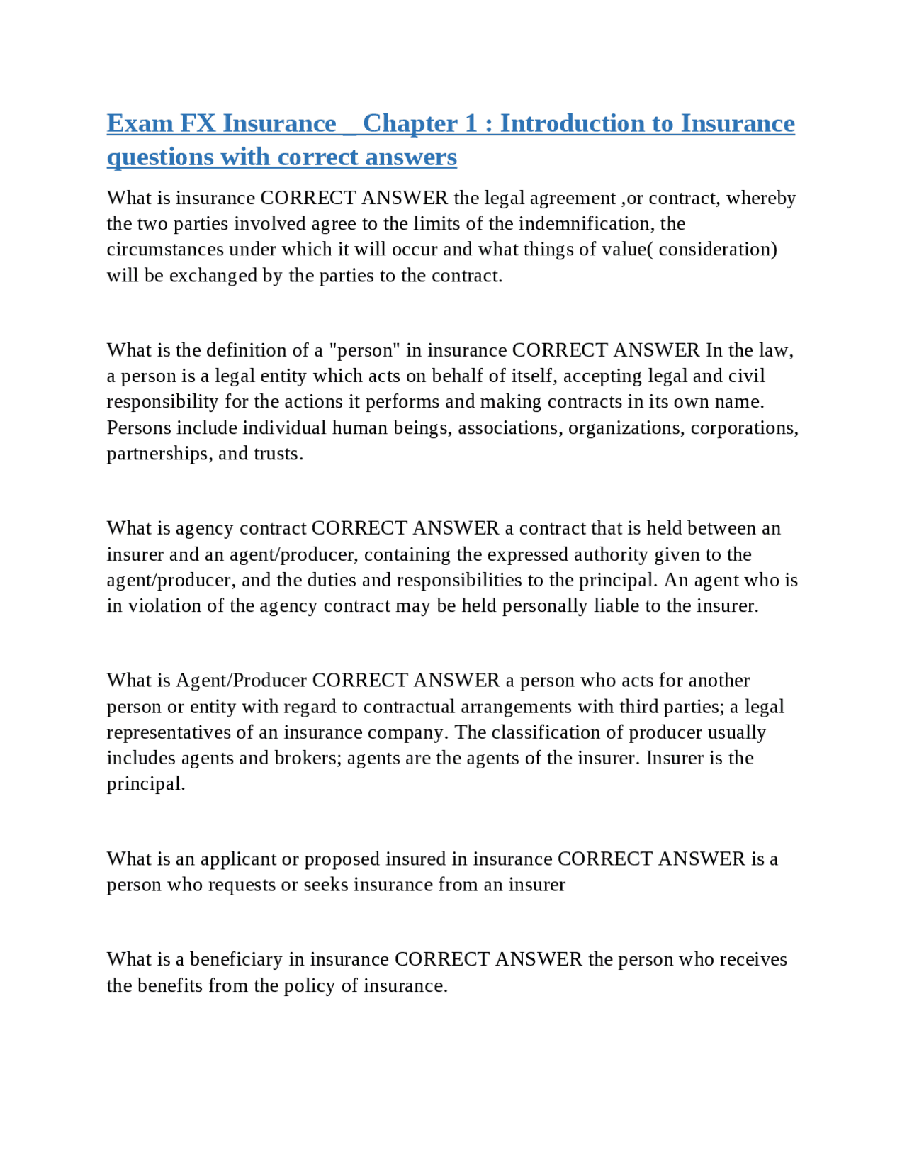 Exam FX Insurance _ Chapter 1 : Introduction to Insurance questions with correct answers | Exams ...