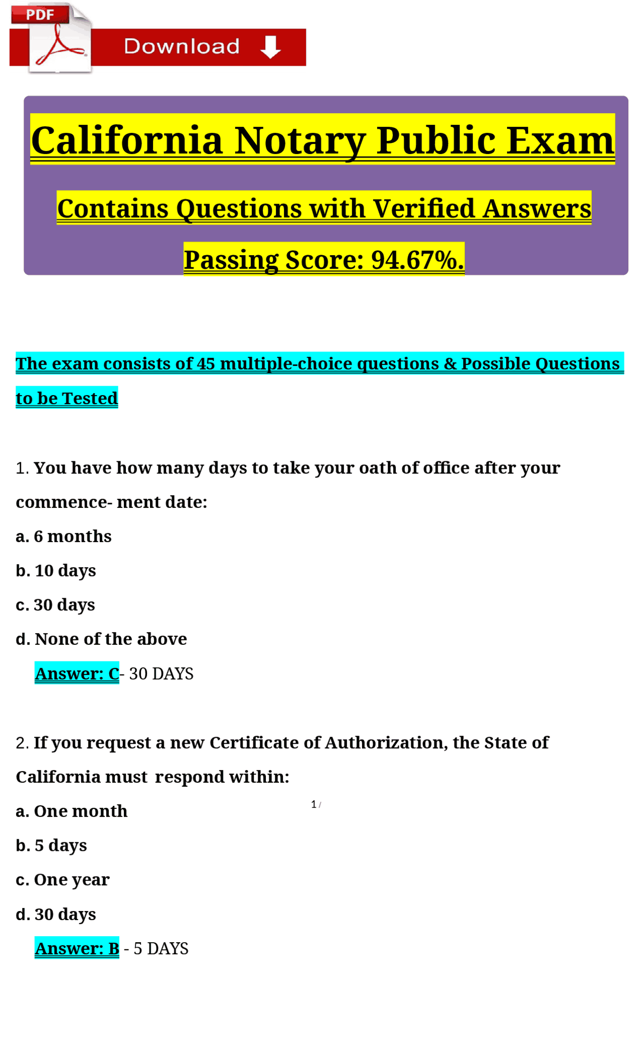 California Notary Public Exam (2025 / 2026) Questions with Revised ...