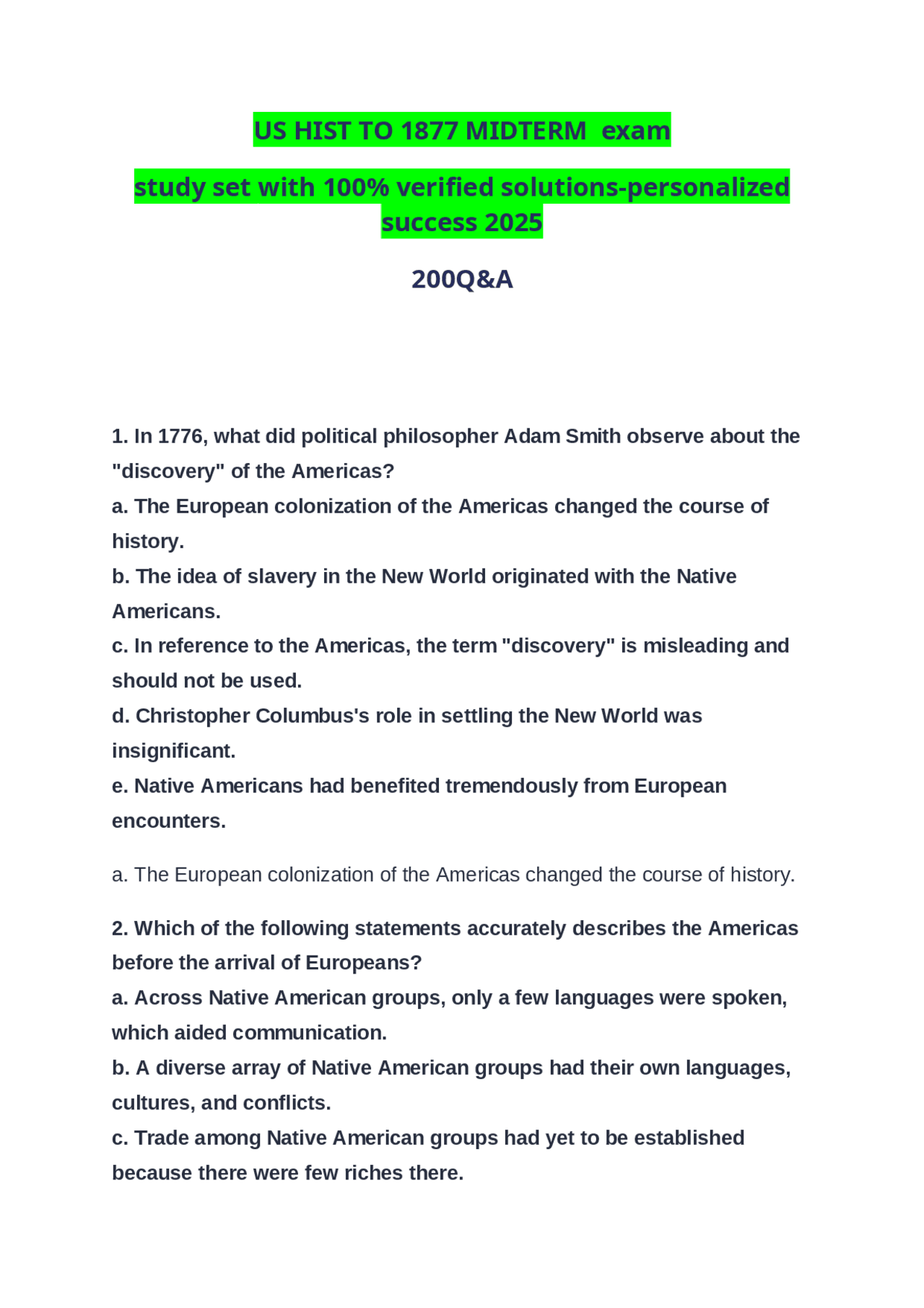 US HIST TO 1877 MIDTERM exam study set with 100% verified solutions ...