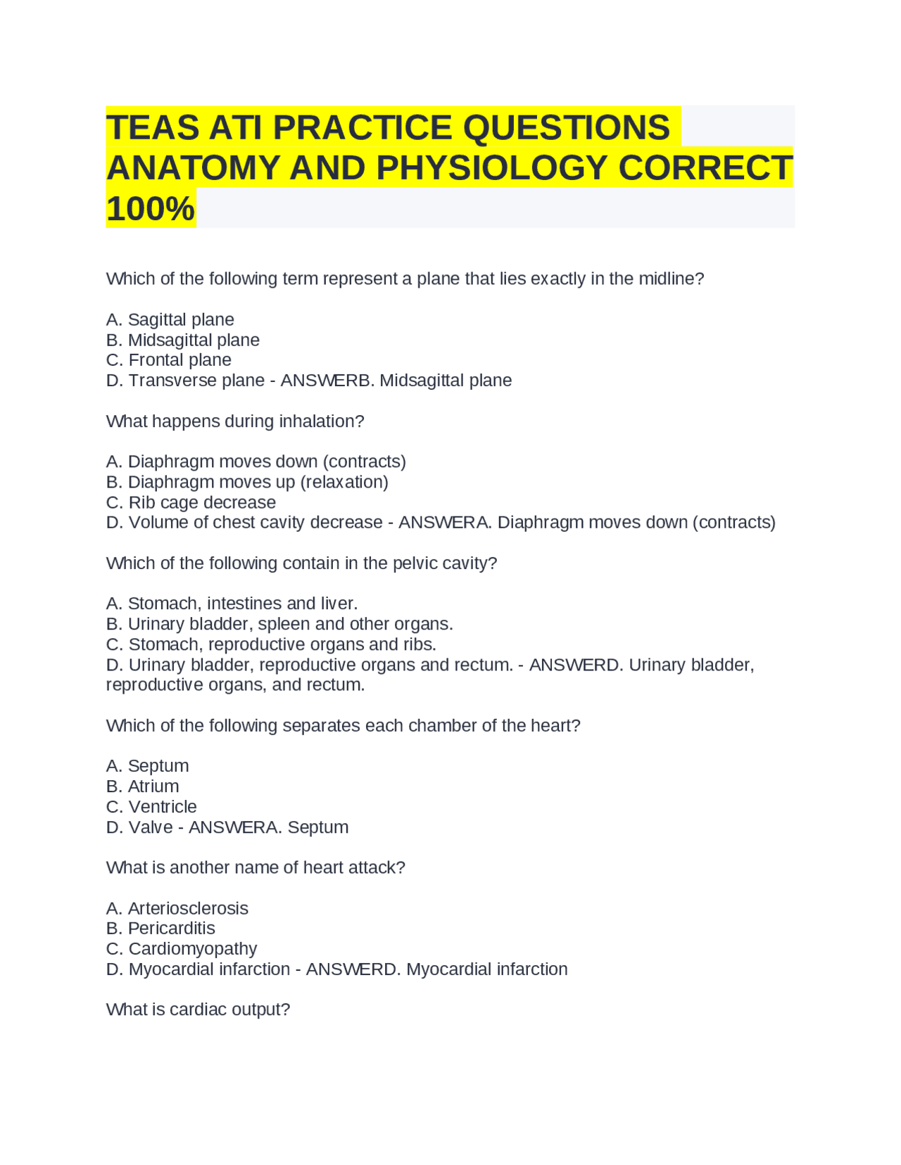 Anatomy and Physiology Practice Questions | Exams Biology | Docsity