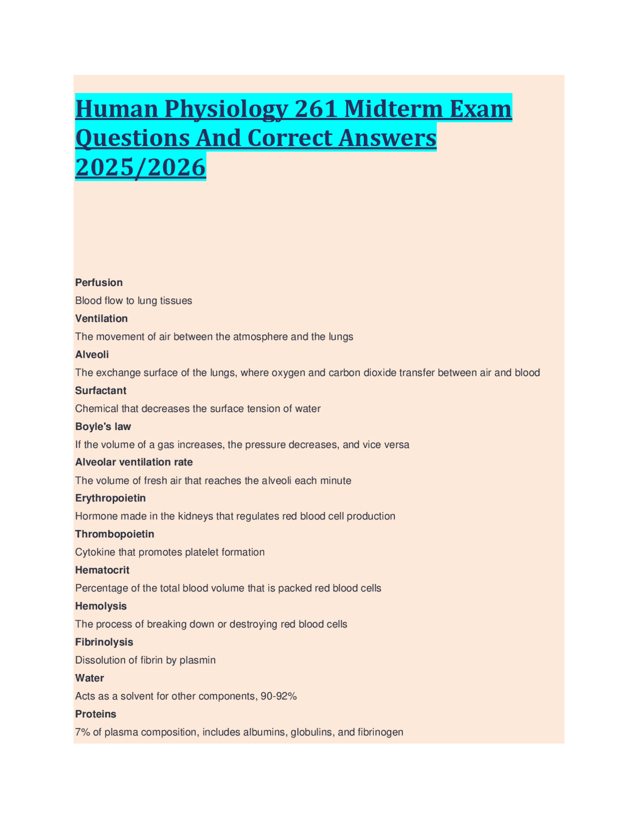 Human Physiology 261 Midterm Exam Questions And Correct Answers 2025/ ...
