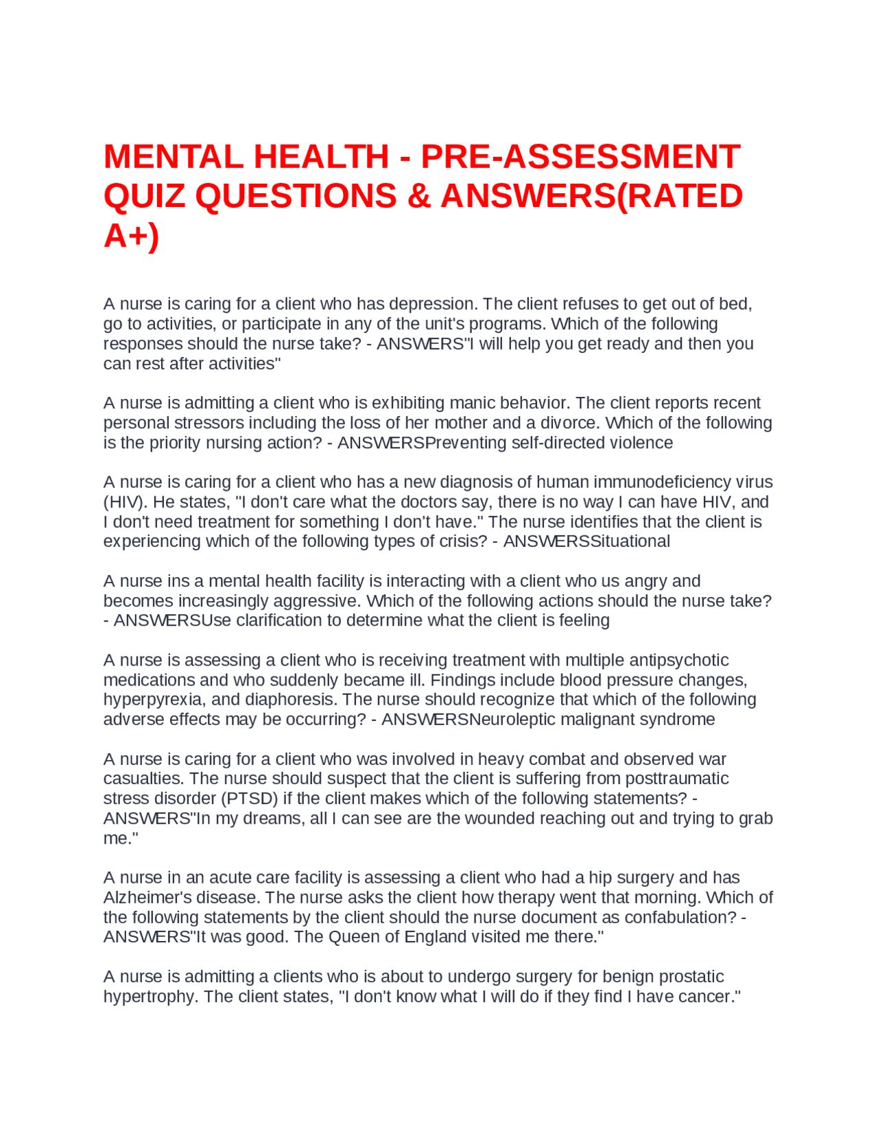 MENTAL HEALTH - PRE-ASSESSMENT QUIZ QUESTIONS & ANSWERS(RATED A+ ...