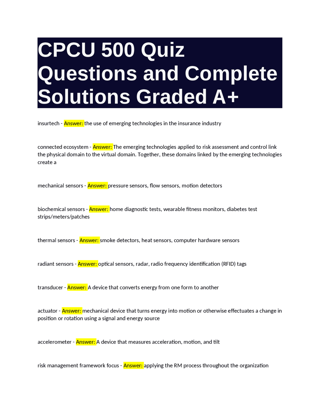 CPCU 500 Quiz Questions and Complete Solutions Graded A+ | Exams ...