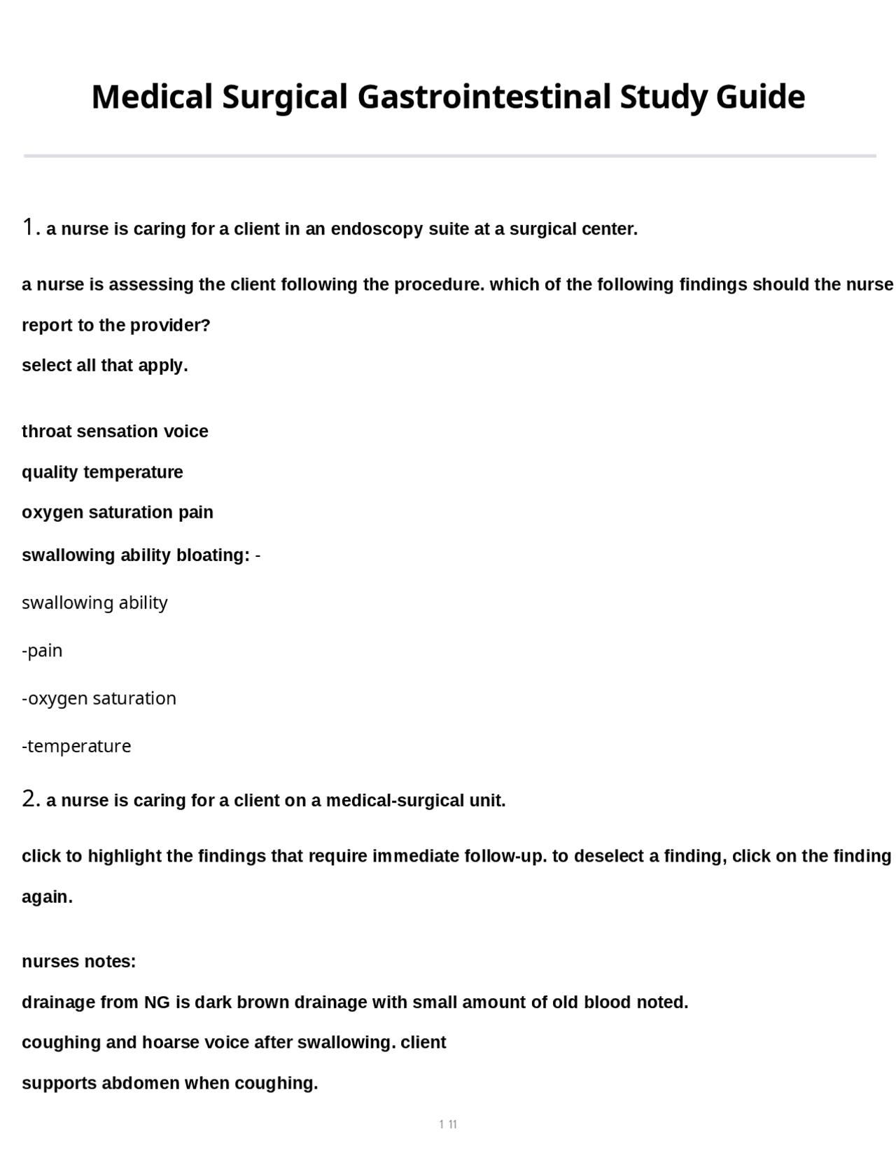 Medical Surgical Gastrointestinal Study Guide | Exams Nursing | Docsity