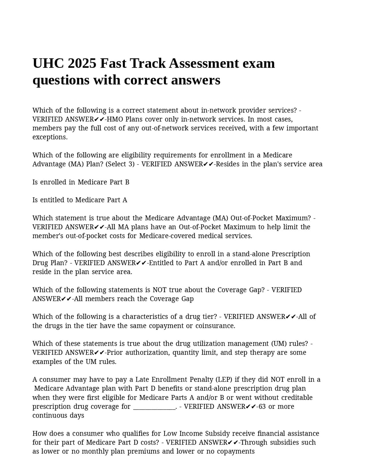 UHC 2025 Fast Track Assessment exam questions with correct answers ...
