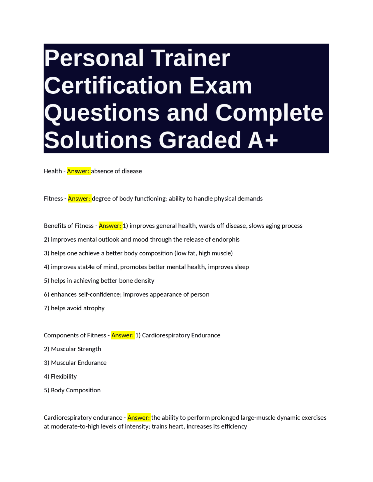 Personal Trainer Certification Exam Questions and Complete Solutions ...