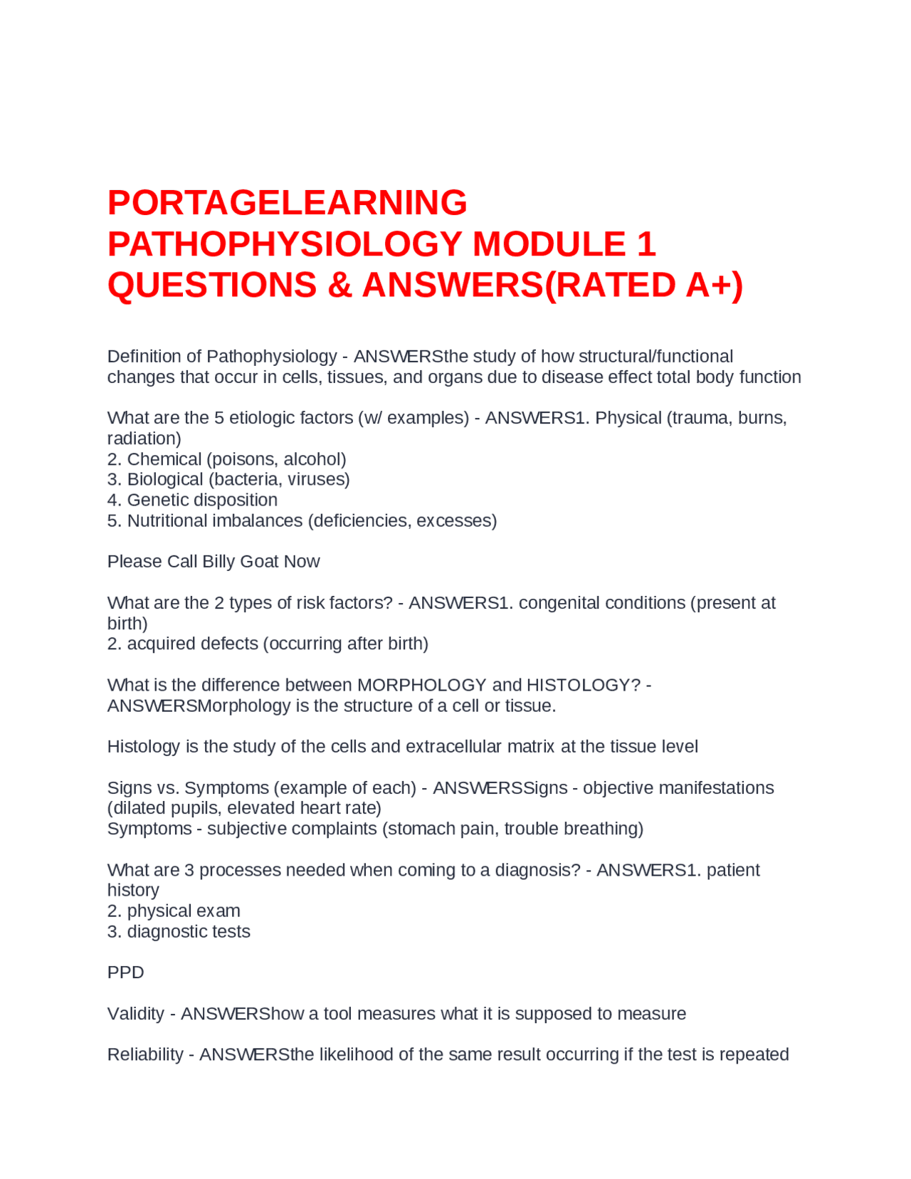 PORTAGELEARNING PATHOPHYSIOLOGY MODULE 1 QUESTIONS & ANSWERS(RATED A+) | Exams Nursing | Docsity