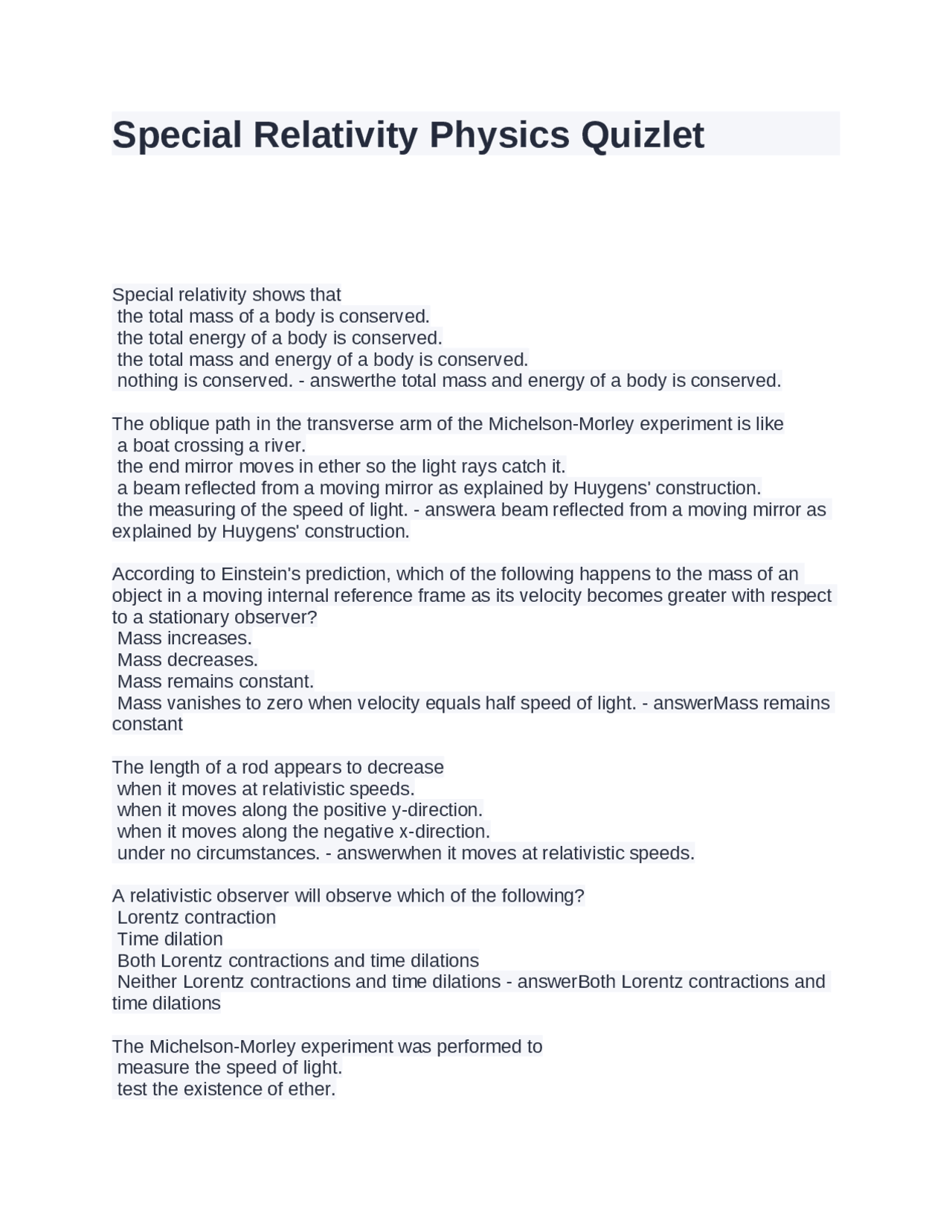 Special Relativity Physics Quizlet Questions with Complete Solutions ...