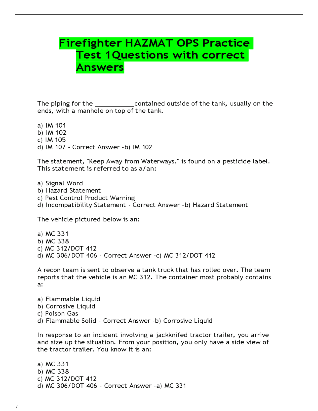 Firefighter HAZMAT OPS Practice Test 1: Questions and Answers | Exams ...