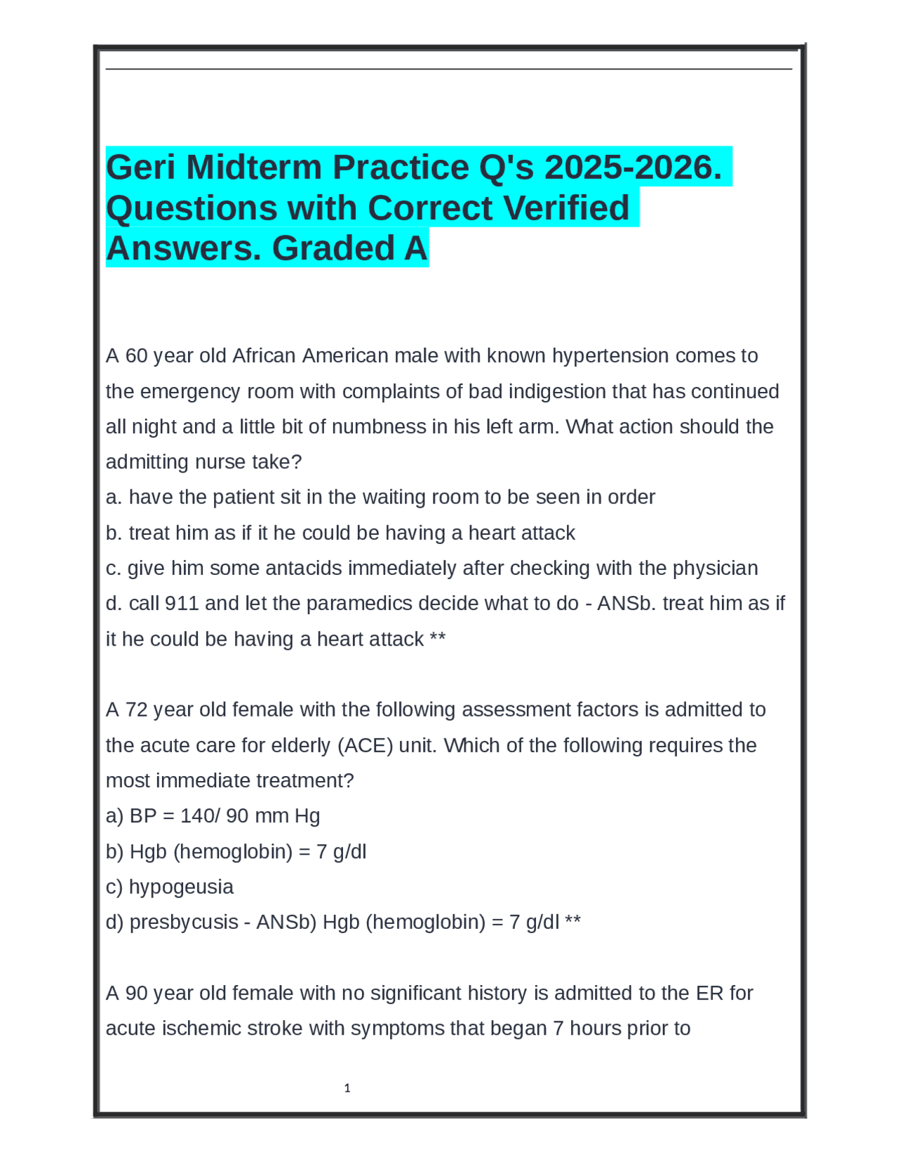 Geri Midterm Practice Q's 2025-2026. Questions with Correct Verified Answers. Graded A | Exams ...