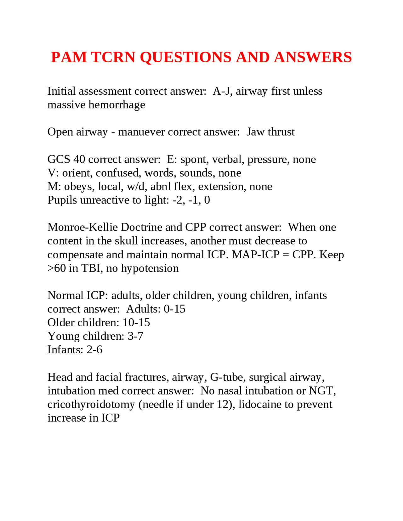 PAM TCRN QUESTIONS AND ANSWERS | Exams Nursing | Docsity