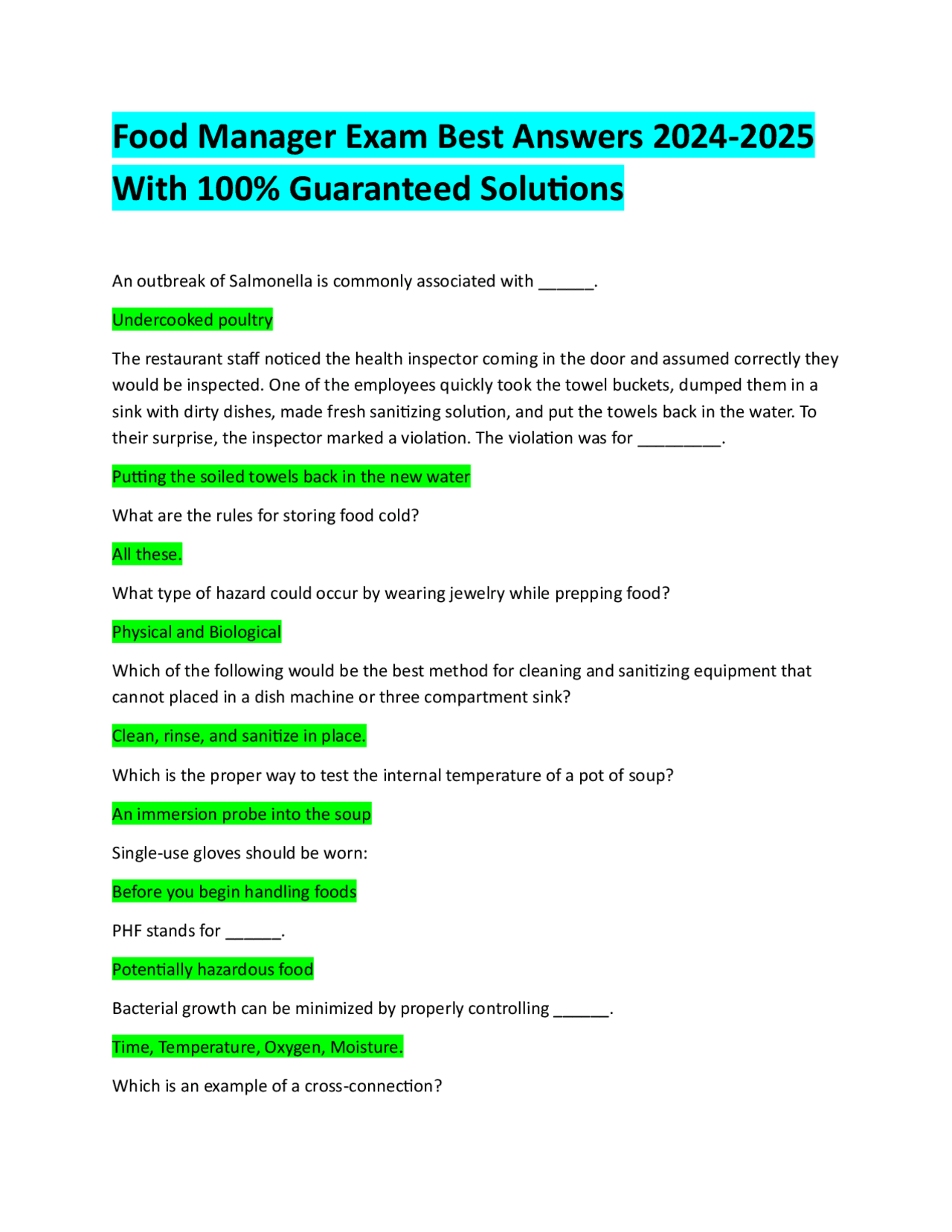 Food Manager Exam Best Answers 2024-2025 With 100% Guaranteed Solutions ...
