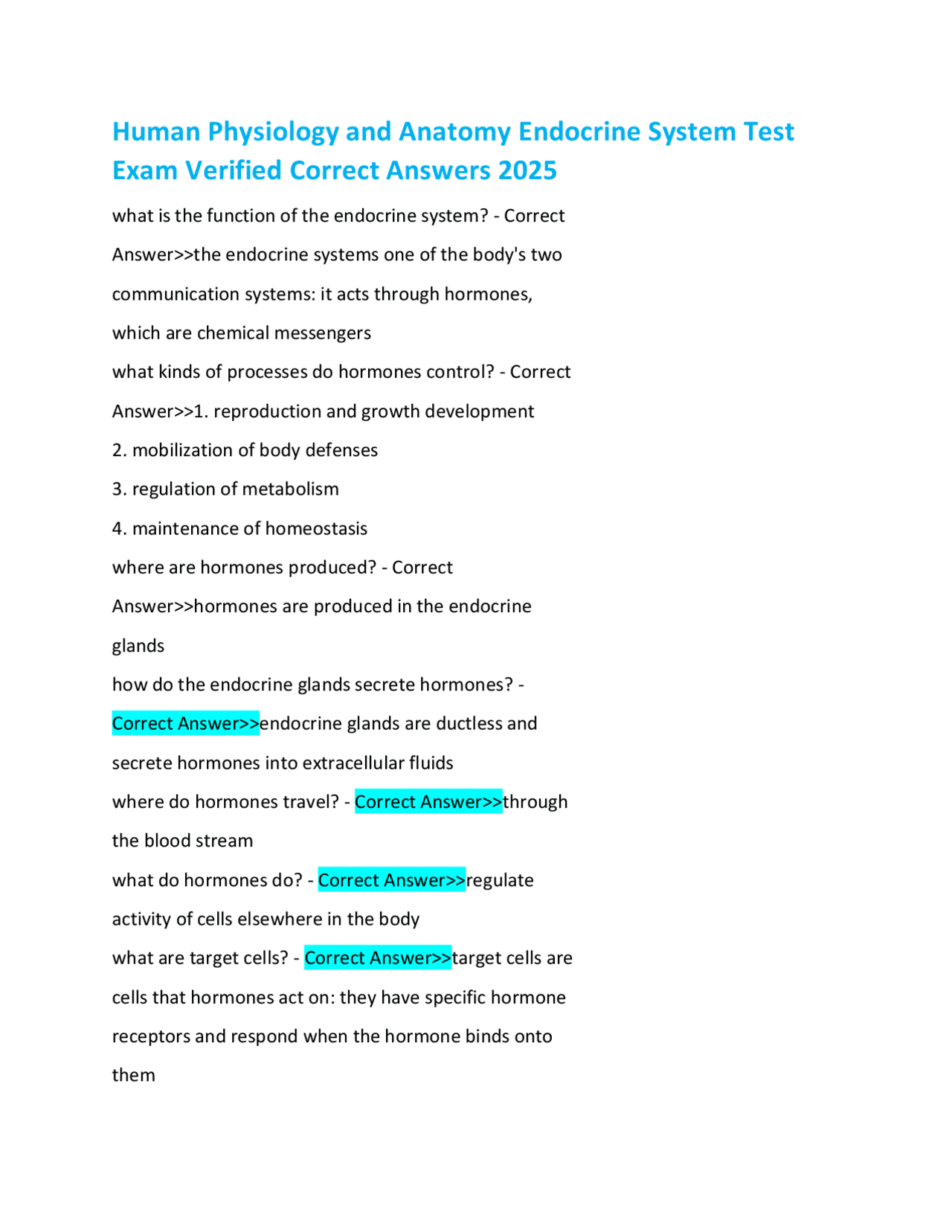 Human Physiology and Anatomy: Endocrine System Test with Answers ...