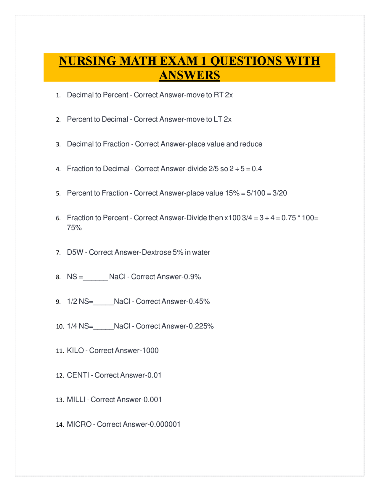 NURSING MATH EXAM 1 QUESTIONS WITH ANSWERS | Exams Mathematics | Docsity