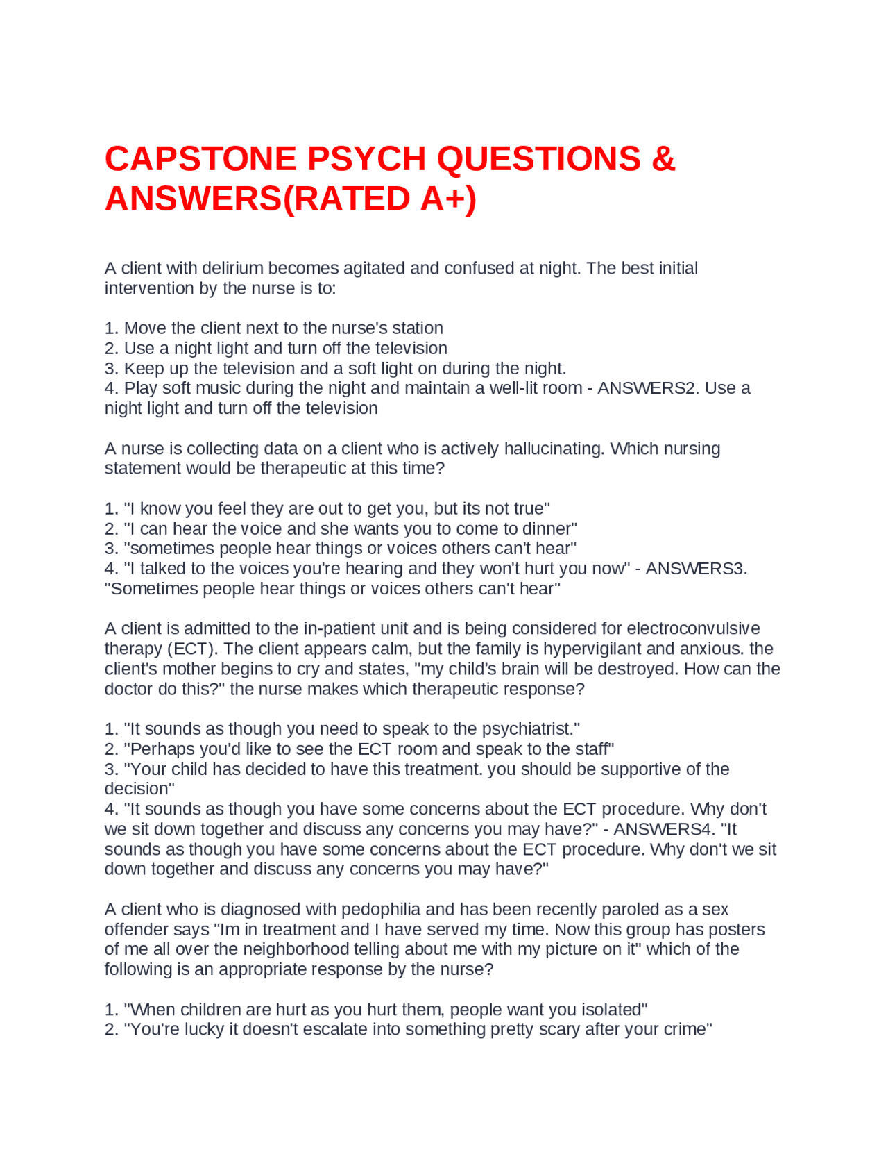 CAPSTONE PSYCH QUESTIONS & ANSWERS(RATED A+) | Exams Nursing | Docsity