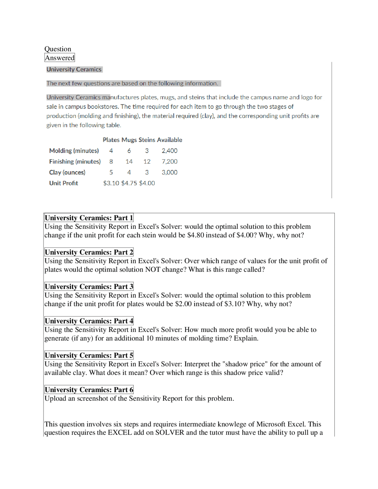 University Ceramics: Part 1 ,2,3,4,5 and 6 Using the Sensitivity Report in Excel's Solver ...