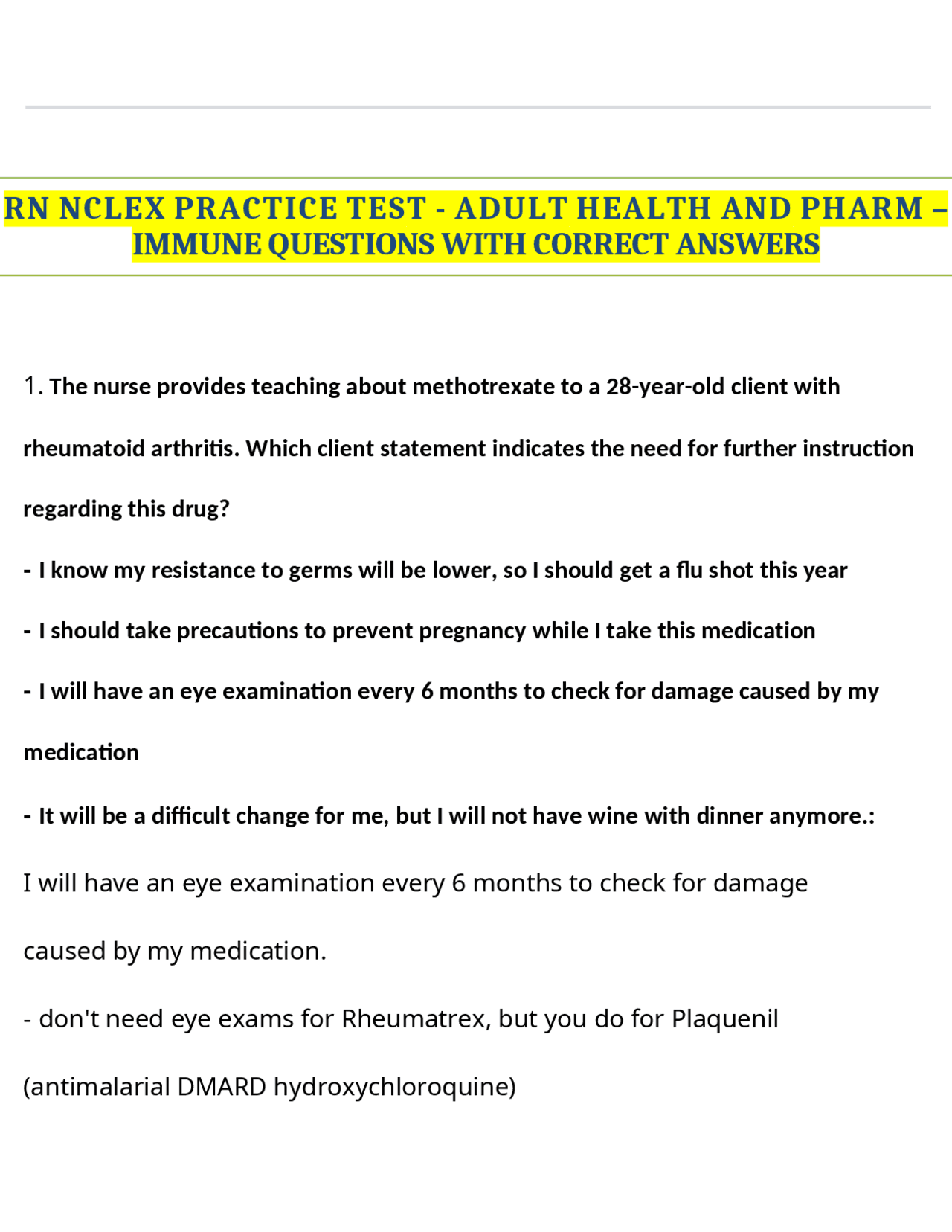 RN NCLEX PRACTICE TEST - ADULT HEALTH AND PHARM – IMMUNE QUESTIONS WITH ...