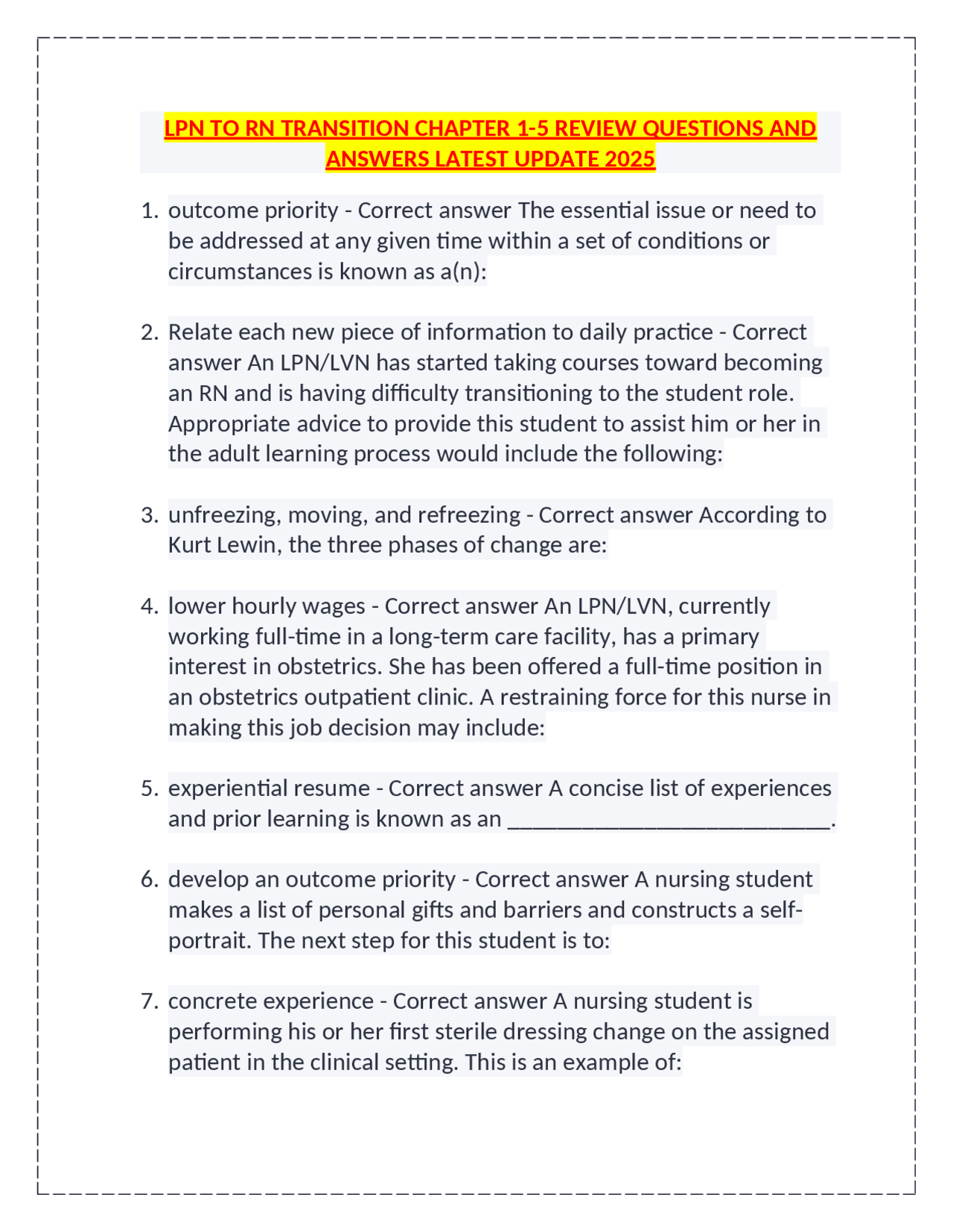 LPN to RN Transition: Chapter 1-5 Review Questions and Answers | Exams ...